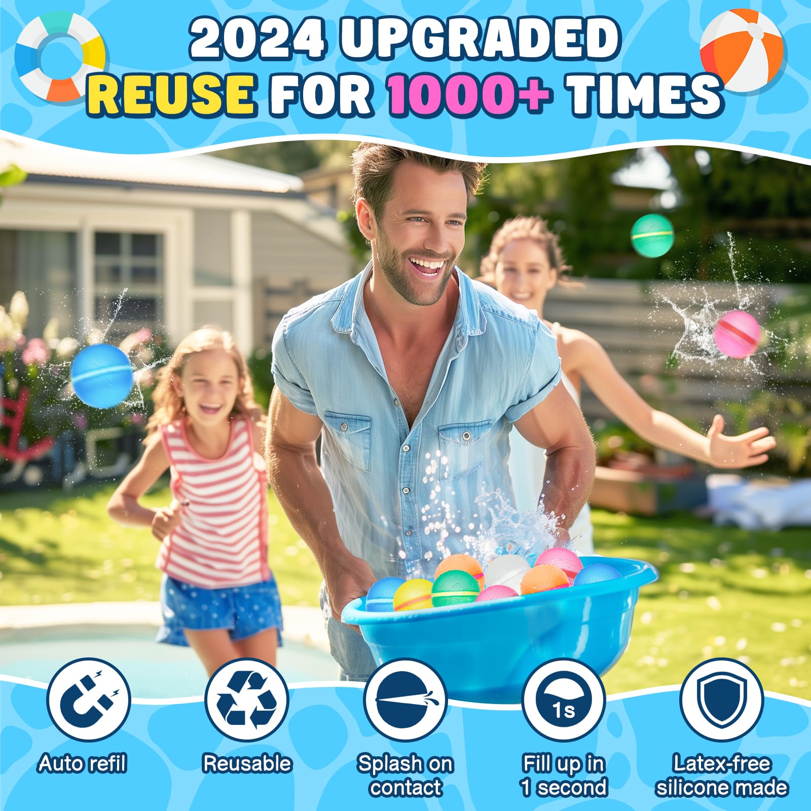 Yexyep Reusable Water Balloons For Kids - Quick Fill, 24 Pcs, Auto Sealing, Refillable, Silicone Made, Best Summer Water Toys, 2024 Upgraded, Octopus Shape
