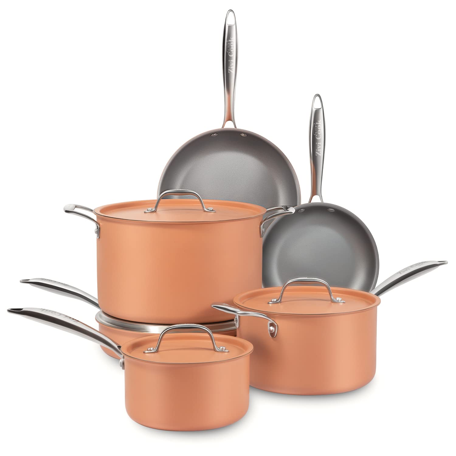 Zivicook Healthy Coating Nonstick 10 Piece Tri-ply Stainless Steel Cookware Pots and Pans Set, Stay-Cool Handle, PFOA-Free, Dishwasher Safe, Oven Safe(Peach)