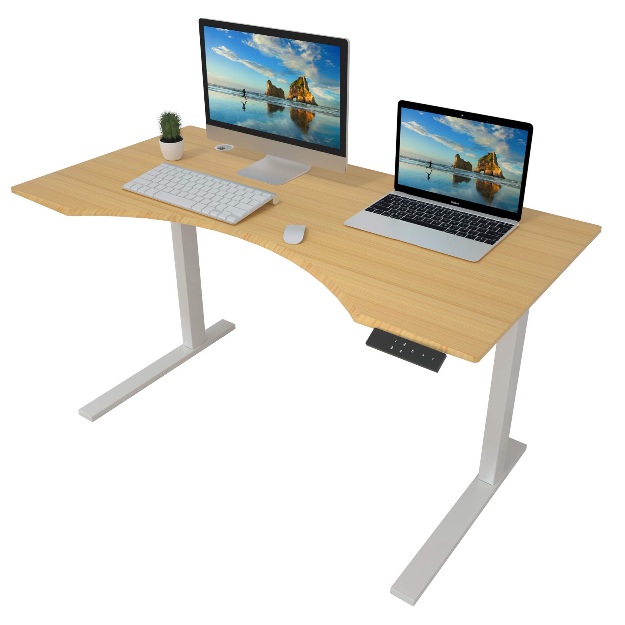 ZHU CHUANG Height Adjustable Desk Electric Standing Desk Stand up Desk Home Office Desk Dual Motor Natural Color 100% Solid Bamboo (48" Contour, Desktop and Frame)