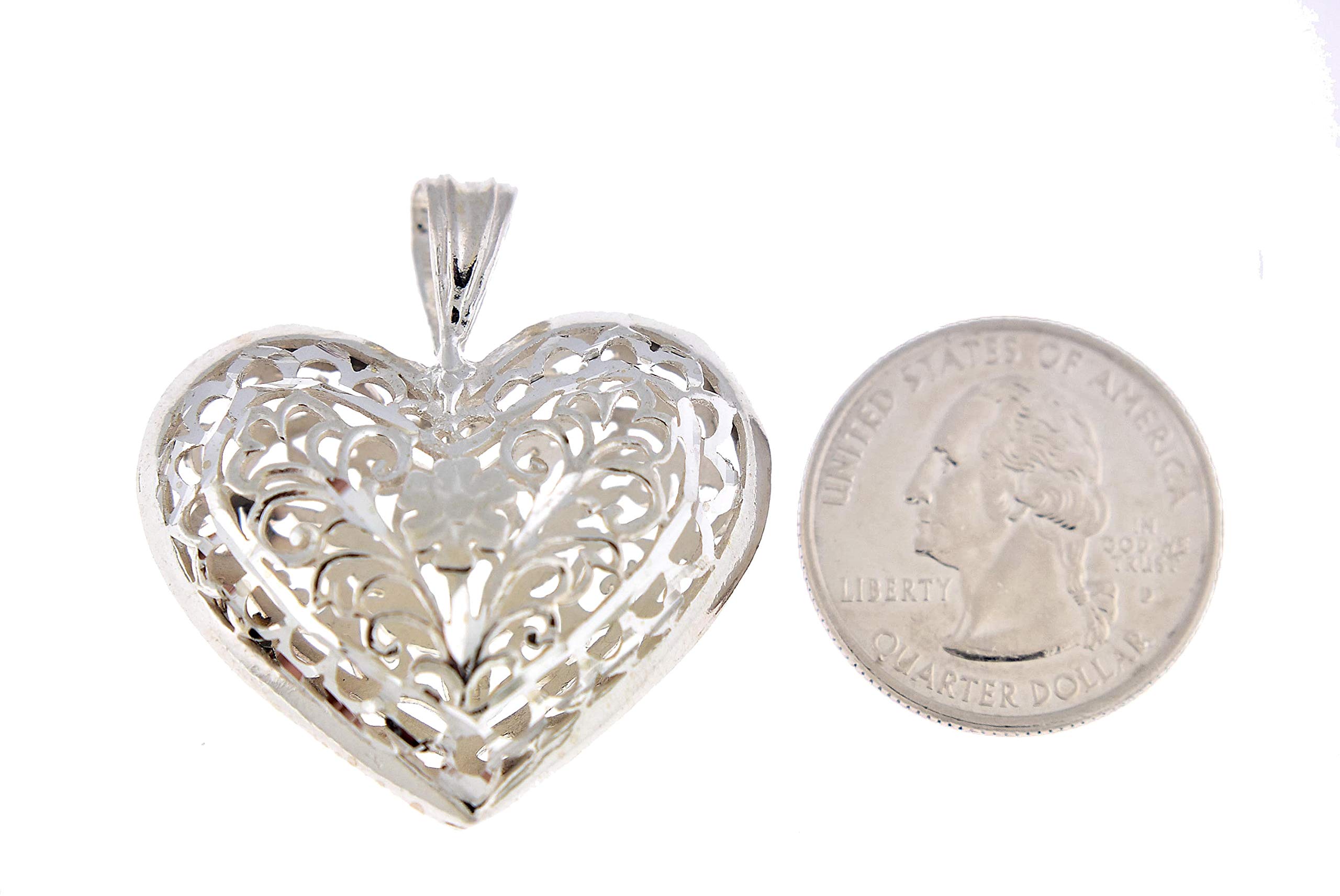 Sterling Silver Puffy Filigree Heart 3D Large Pendant Charm