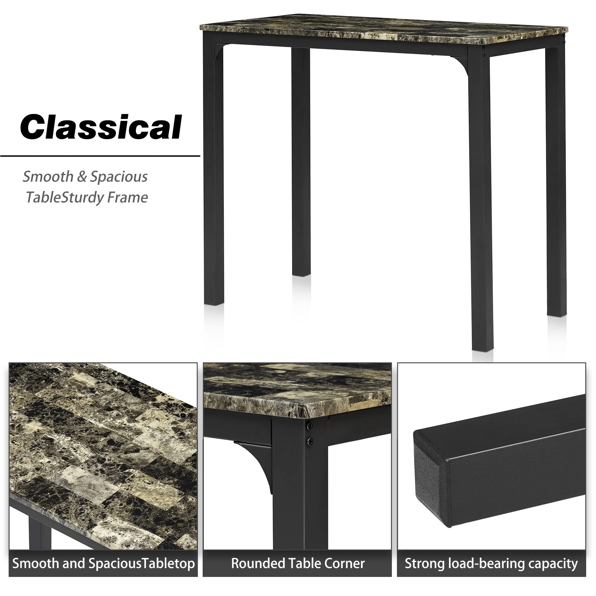 VECELO Bar Table 2 Stools, Rectangular Kitchen Counter with Chairs Height Pub Tabletop for Dining Living Party Room Bistro, 3-Piece Set, Black