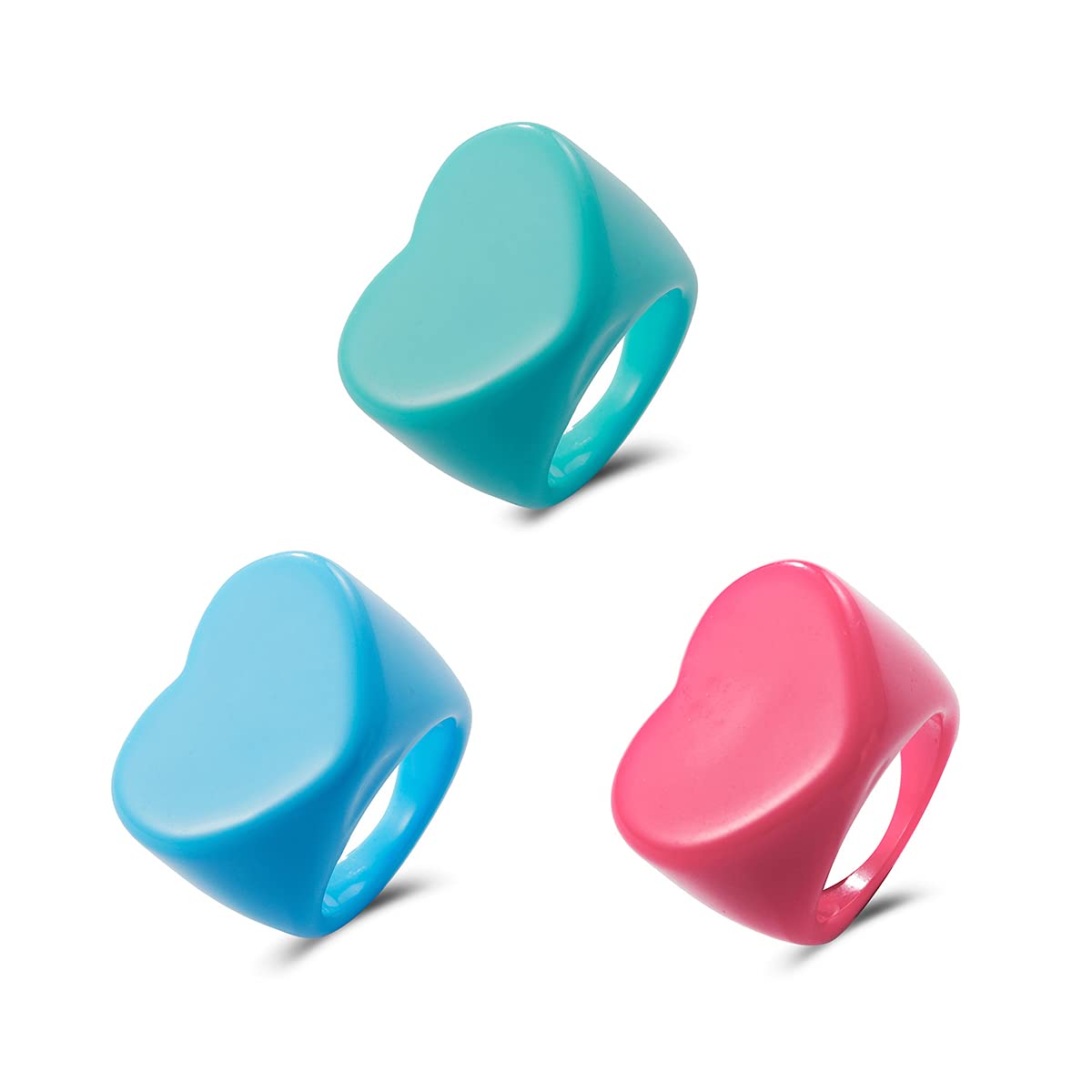 XUN Zhe 3Pcs Colorful Resin Heart Chuncky Rings Set,Cute Love Heart Shaped Acrylic Finger Rings Bands Jewelry for Women Teen Girls Party Accessories (Green Blue Pink)