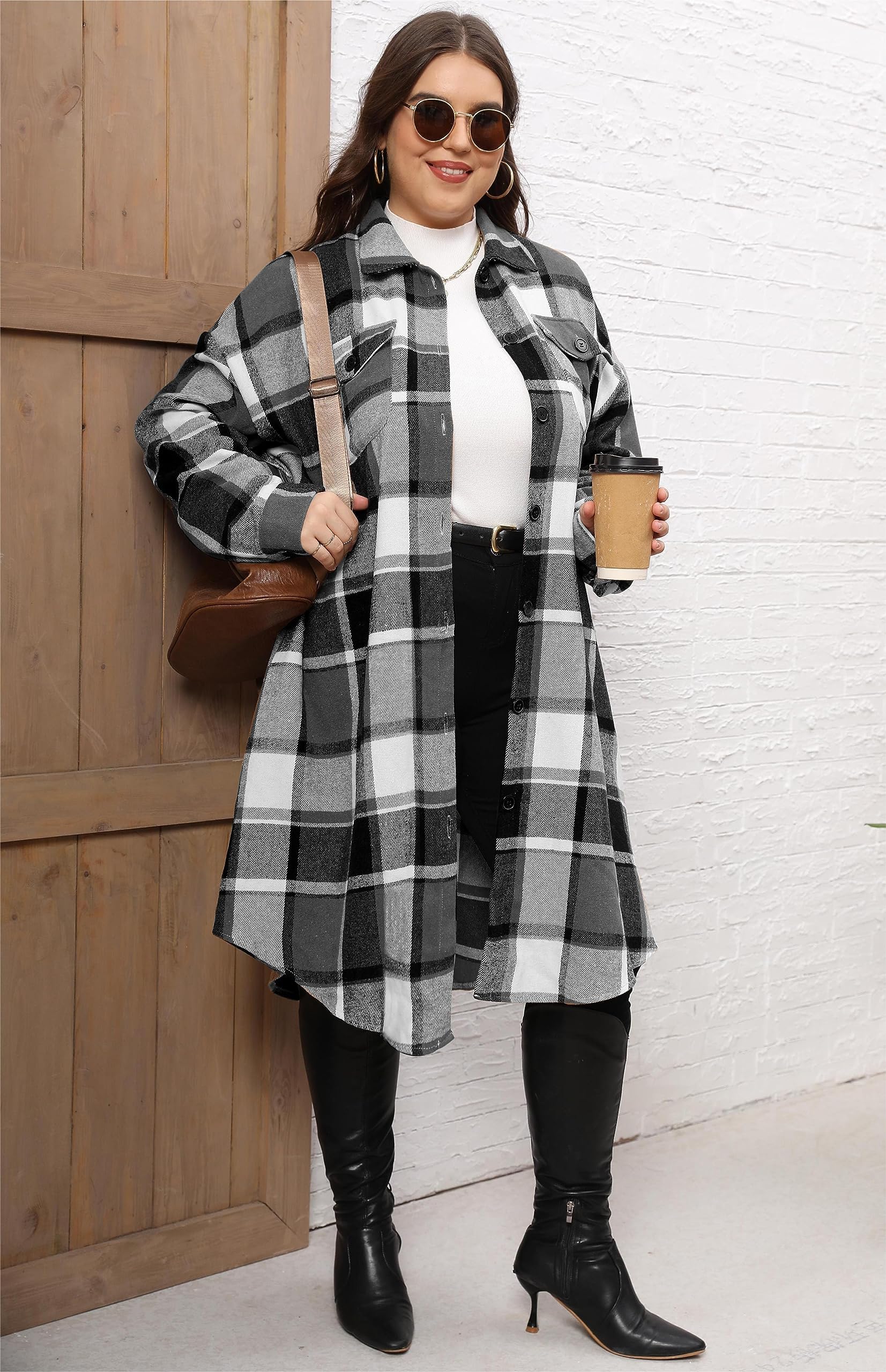 ZAAYO Plus Size Shacket Jacket for Women 2023 Flannel Plaid Long Shirts Long Sleeve Fall Tartan Winter Trench Coats with Pockets