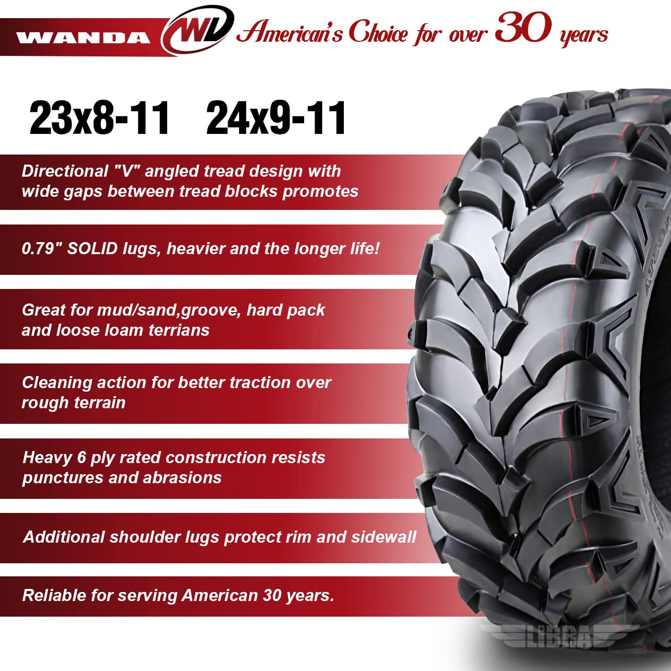 WANDA Set of 4 AT MASTER ATV/UTV Tires 23x8-11 Front & 24x9-11 Rear /6PR P341-10147/10153