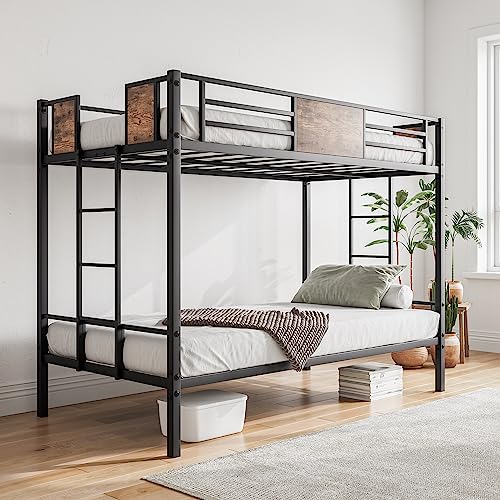 VECOCHO Metal Bunk Bed Twin Over Twin with 2- Side Ladder and Full-Length Guardrail,Space-Saving Design/No Box Spring Needed/Noise Free,Black & Vintage Brown