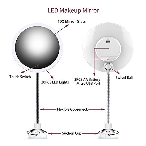 XINBAOHONG LED Lighted Makeup Mirror 10X Magnifying Vanity Mirror with 360 Degree Swivel Rotation Flexible Gooseneck and Locking Suction Cup