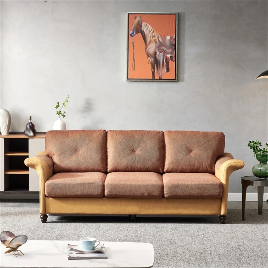 XIAODOU Living Room Furniture Linen Fabric Artificial Leather Wooden Leg Sofa (Reddish Brown), with Storage Box