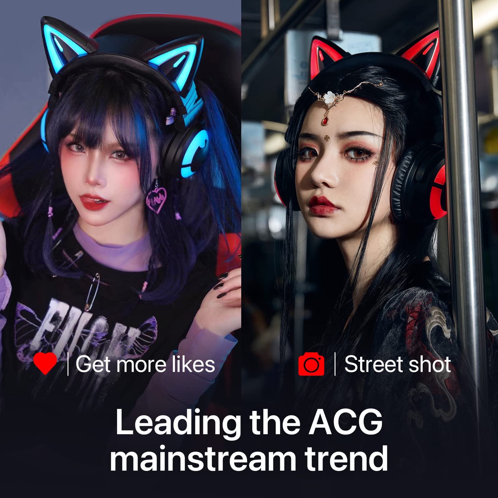 YOWU RGB Cat Ear Headphone 3G Wireless 5.0 Foldable Gaming Headset with 7.1 Surround Sound, Built-in Mic & Customizable Lighting and Effect via APP, Type-C Charging Audio Cable-Black