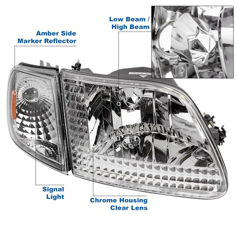 ZMAUTOPARTS Replacement Headlights with Corner Signal Lamps Chrome/Amber For 1997-2003 Ford F-150/1997-2002 Expedition