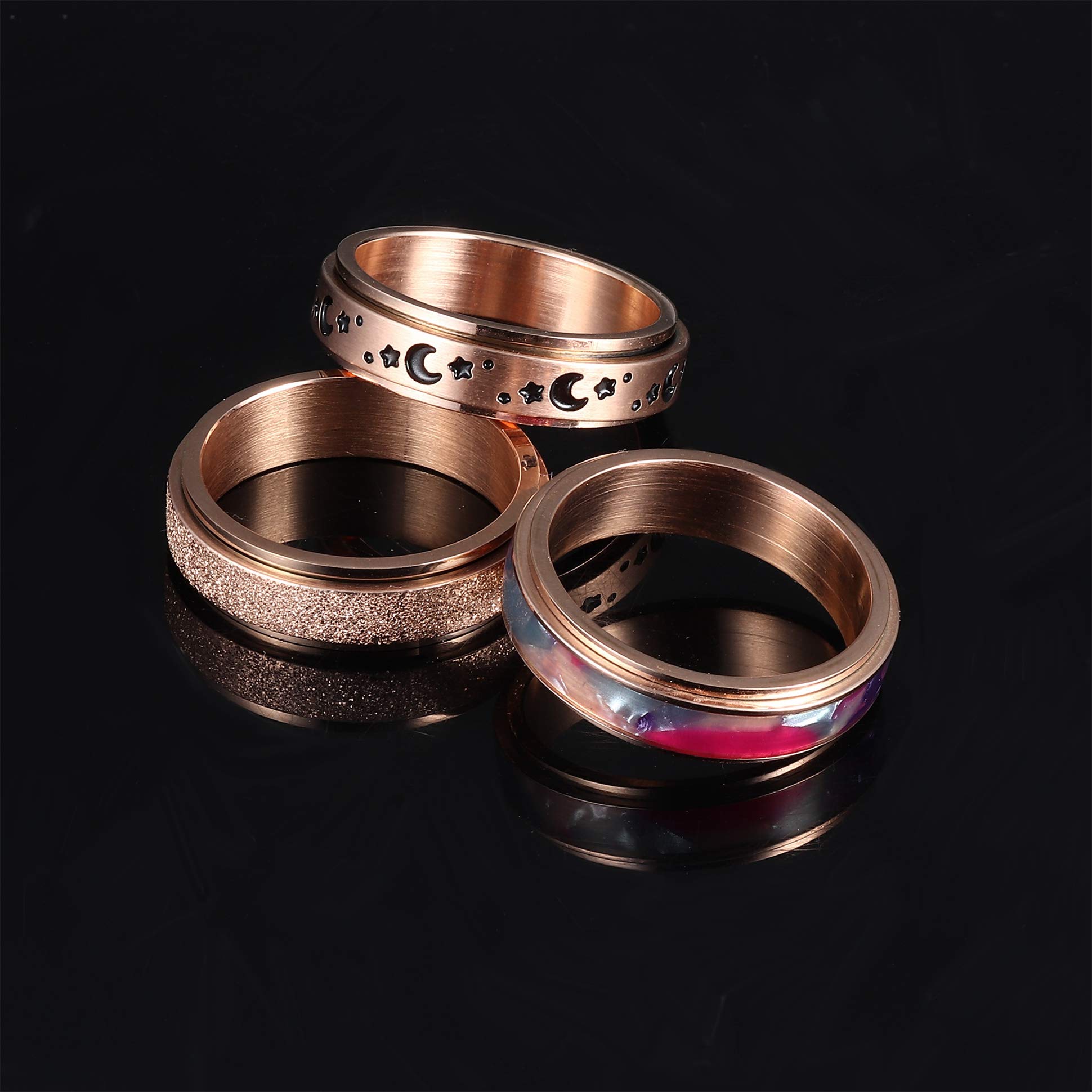 YADOCA 3 Pcs 6mm Spinner Band Ring for Men Women Moon Star Celtic Stress Relieving Ring Fidget Band Ring Rose Gold Stainless Steel 8