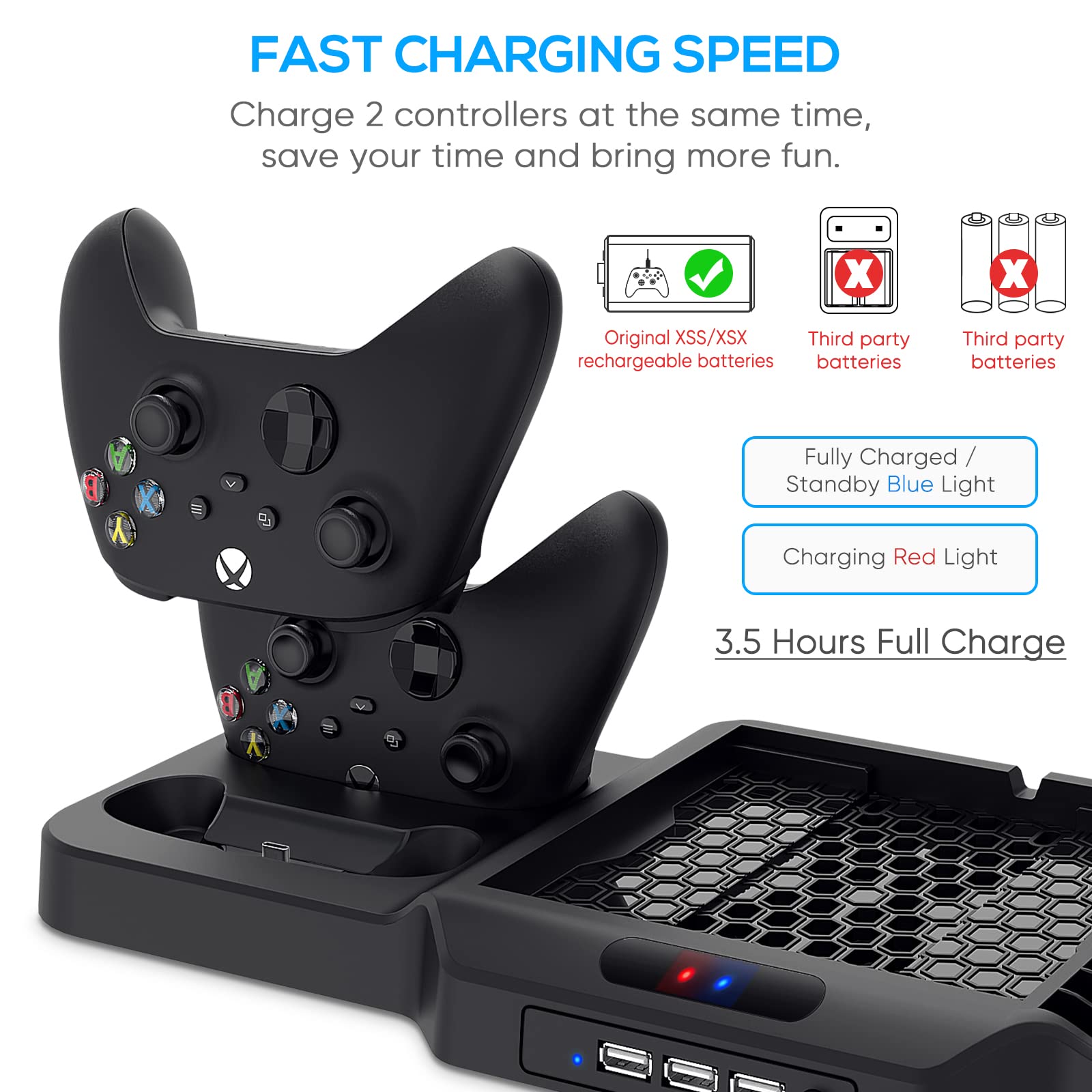 YUANHOT Vertical Stand with Cooling Fan Compatible with Xbox Series X/S, Charging Station Dock with Dual Controller Charger Ports, Game Storage and Cooler System