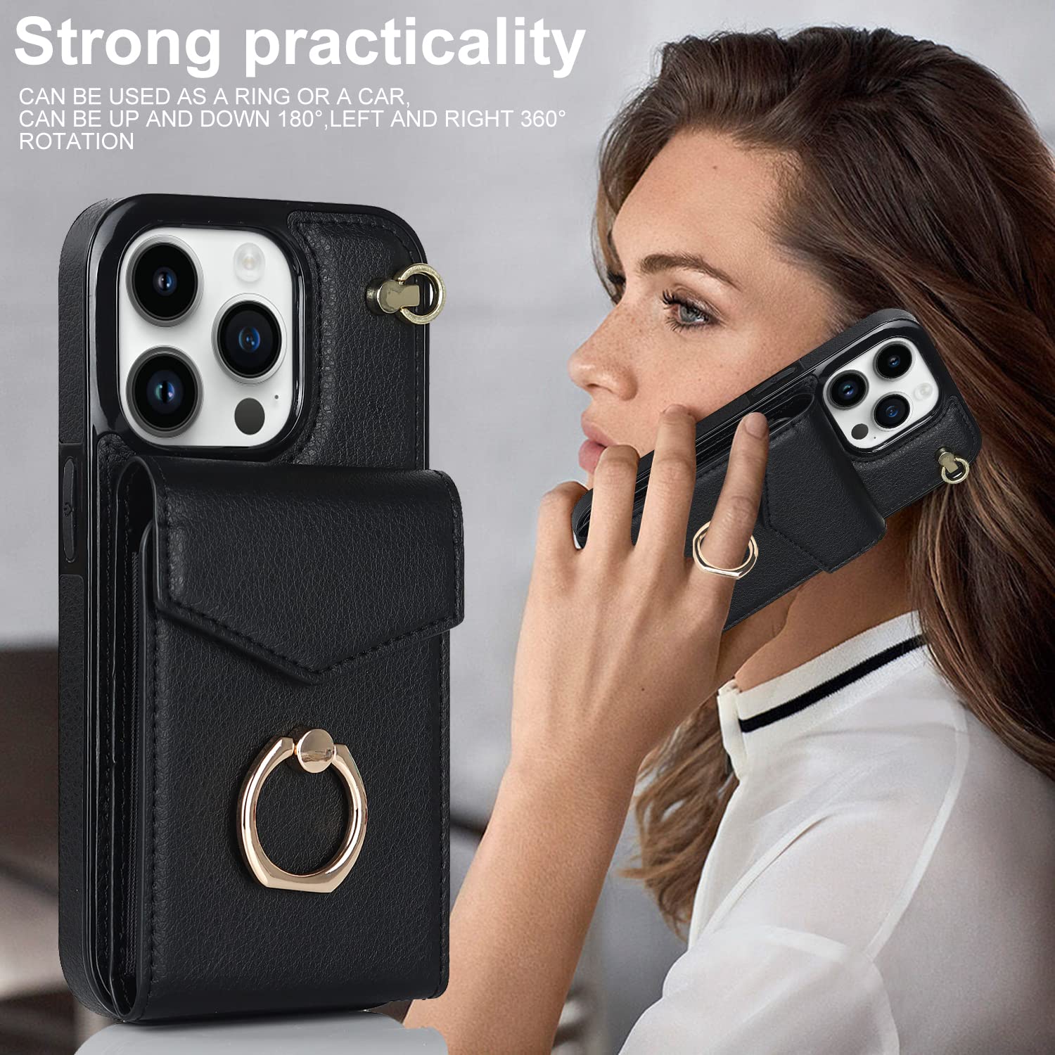 XYAJUANG Phone Case Compatible with iPhone 14 Pro（6.1''），Leather Accordion Folding Wallet &Card Holder with RFID Shielding Material Phone Case ，with Adjustable Ring Holder and Lanyard (Black)