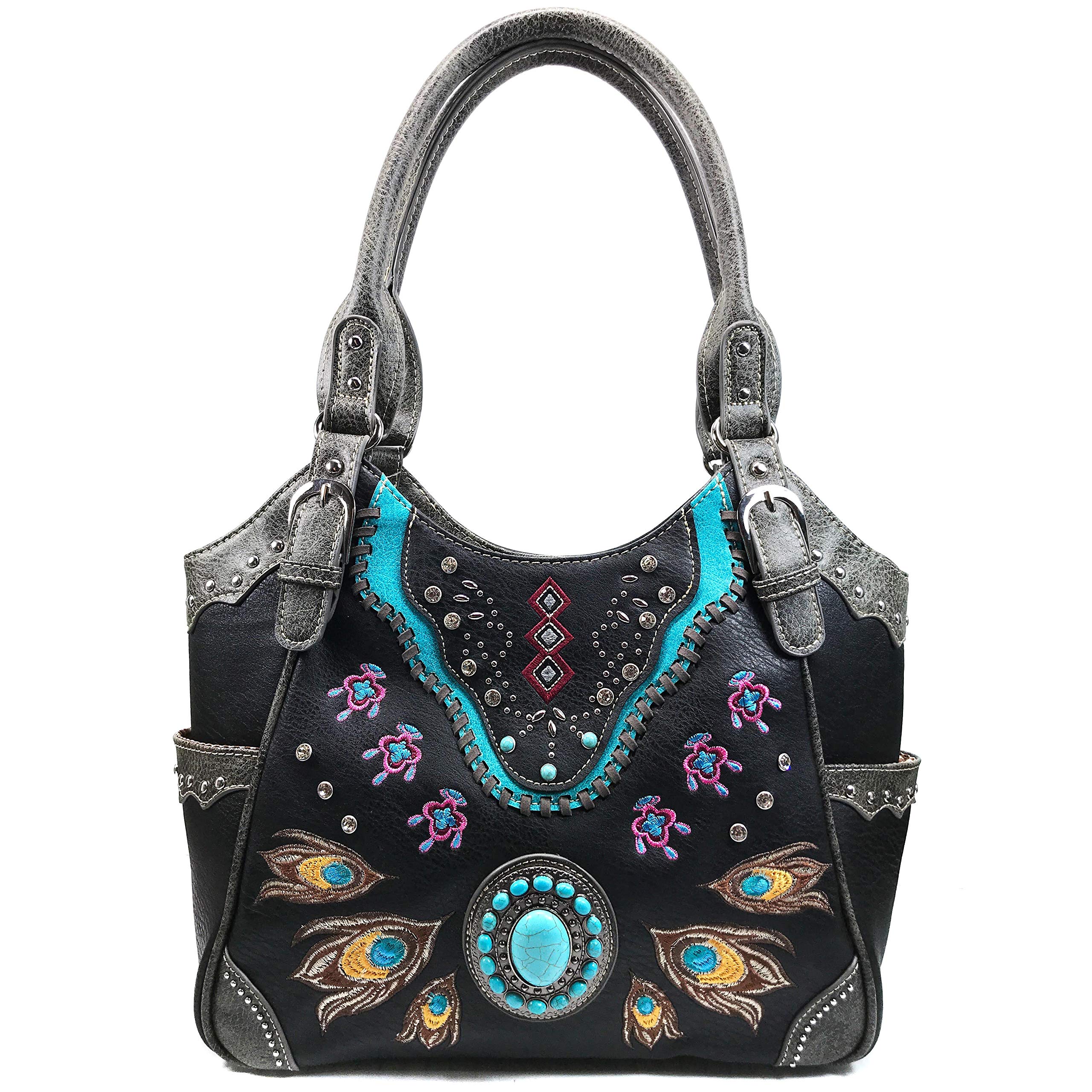 Zelris Turquoise Stone Concho Peacock Feather Women Conceal Carry Tote Purse Bag (Beige)
