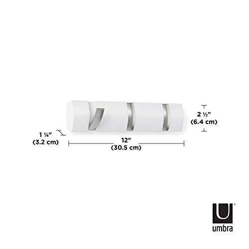 Umbra Flip Wall-Mounted Coat Rack Rail Hook for Hats, Jackets, Bags and More β Modern, Space-Saving Storage Organizer for Entryway, Mudroom, Closet, Bathroom, Bedroom, Kids Room, or Nursery, 3 Hooks, White/Nickel