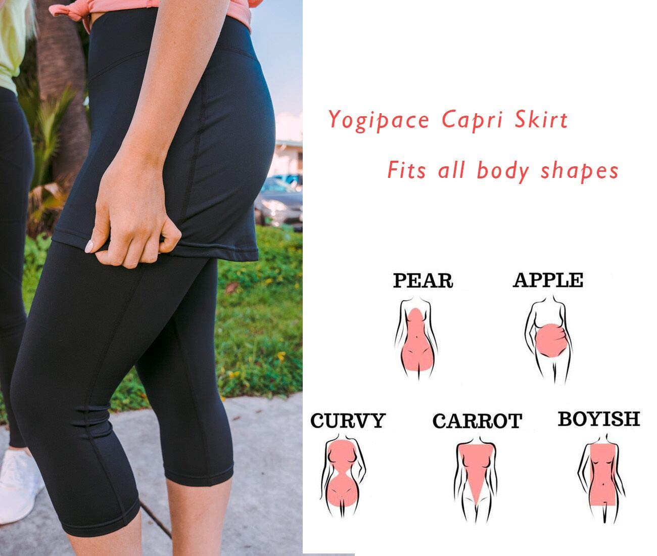 Yogipace Women's UV Protective Capri Leggings with Skirt, Running Skirted Capri, Active Skort with Golf Tennis Ball Pockets, Black, XL