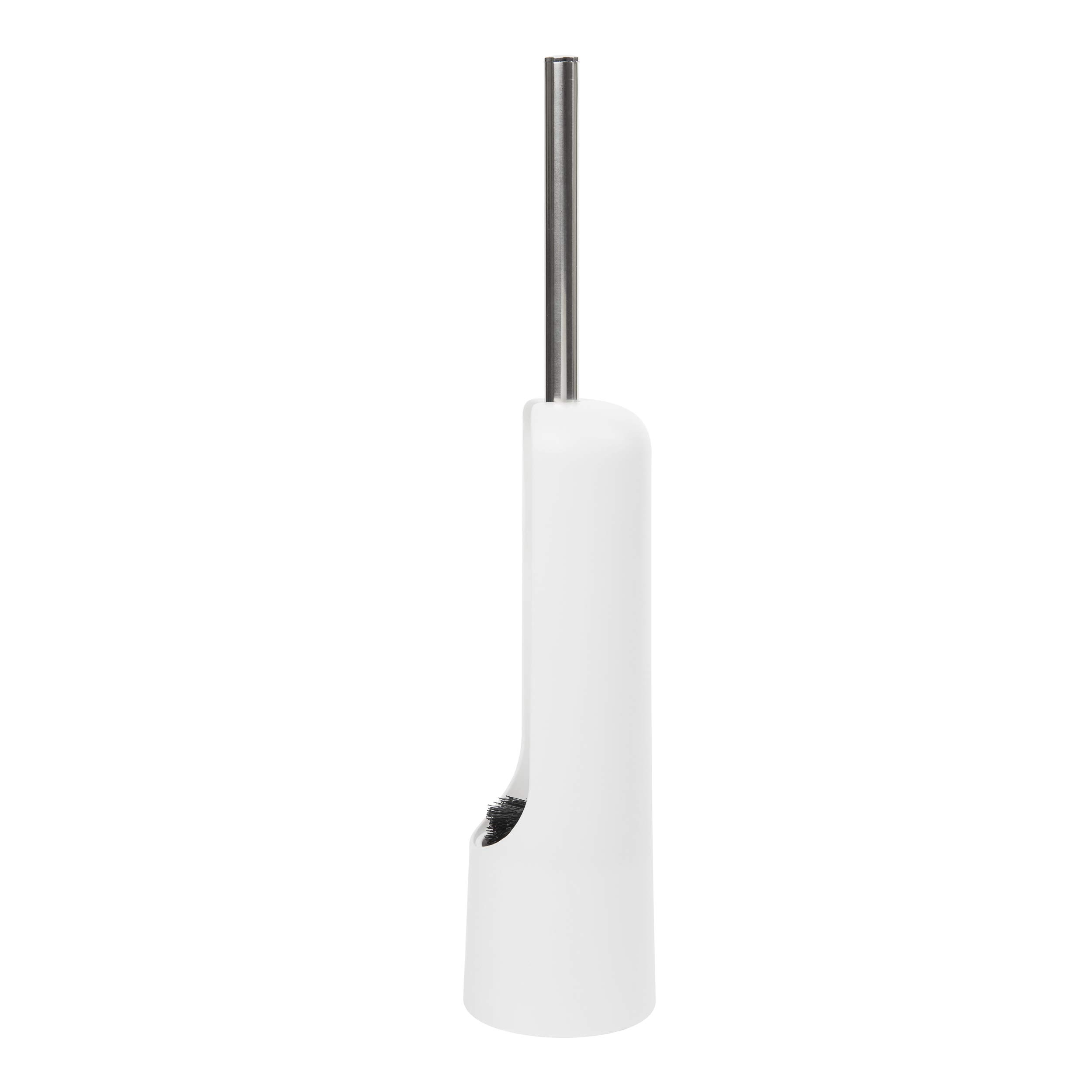 Umbra Touch Toilet Brush with Open Back Hideaway Holder โ Durable, Slim, Plastic & Metal Toilet Bowl Cleaner With Rubber Finish - Soft and Dense Brush Bristles โ Removes All Stubborn Stains, White