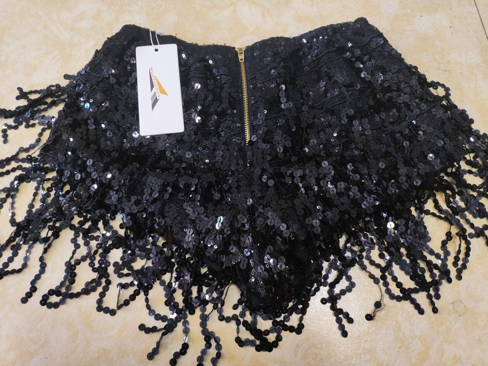 Yollmart Women's Sequins Tassel Skirts Shorts Booty Dance Festival Bottoms (US, Alpha, Large, Regular, Regular, Black)