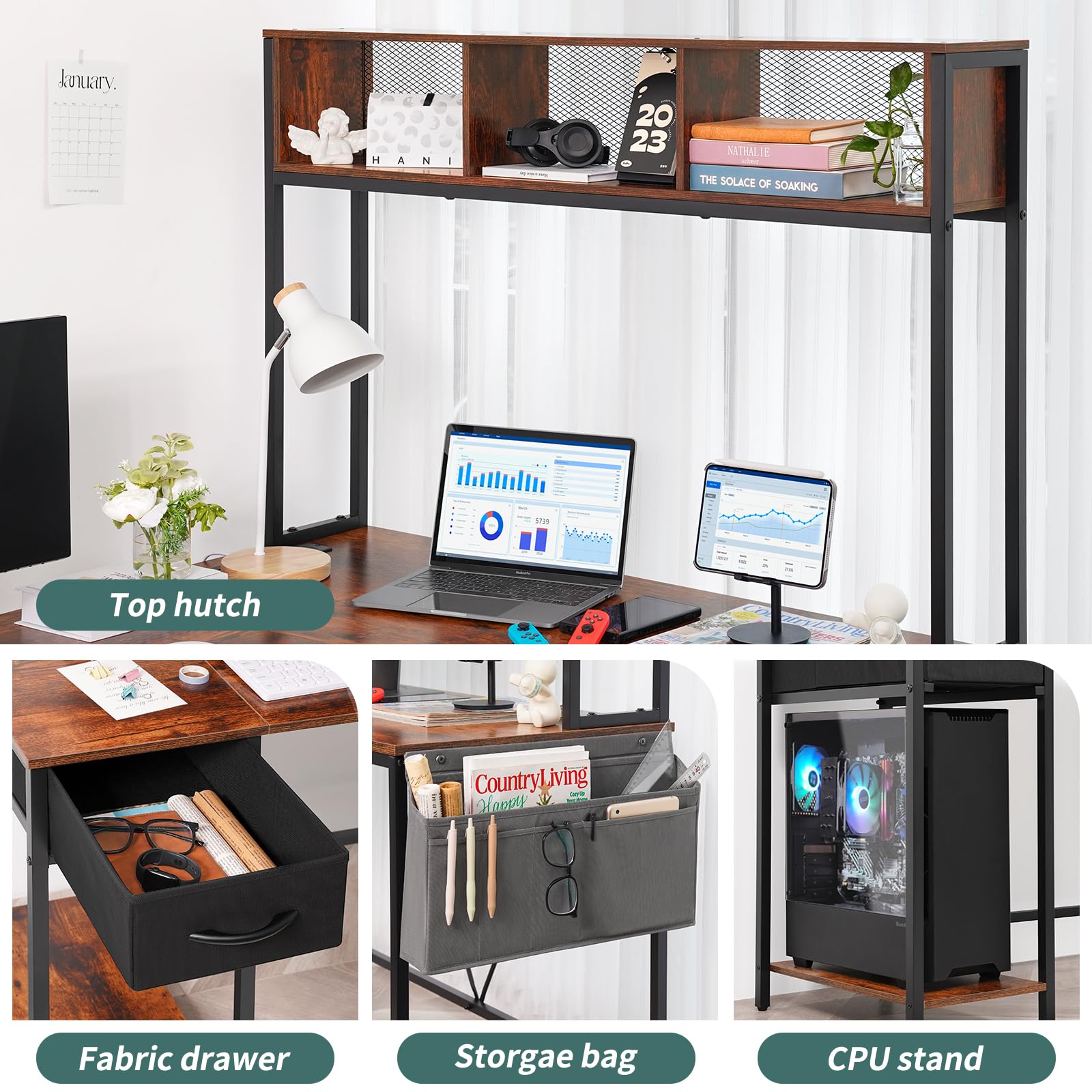 Yoobure L Shaped Desk with LED Strip & Power Outlet, Reversible L-Shaped Computer Desk, Corner Desks Home Office Desk with Drawer, Gaming Desk