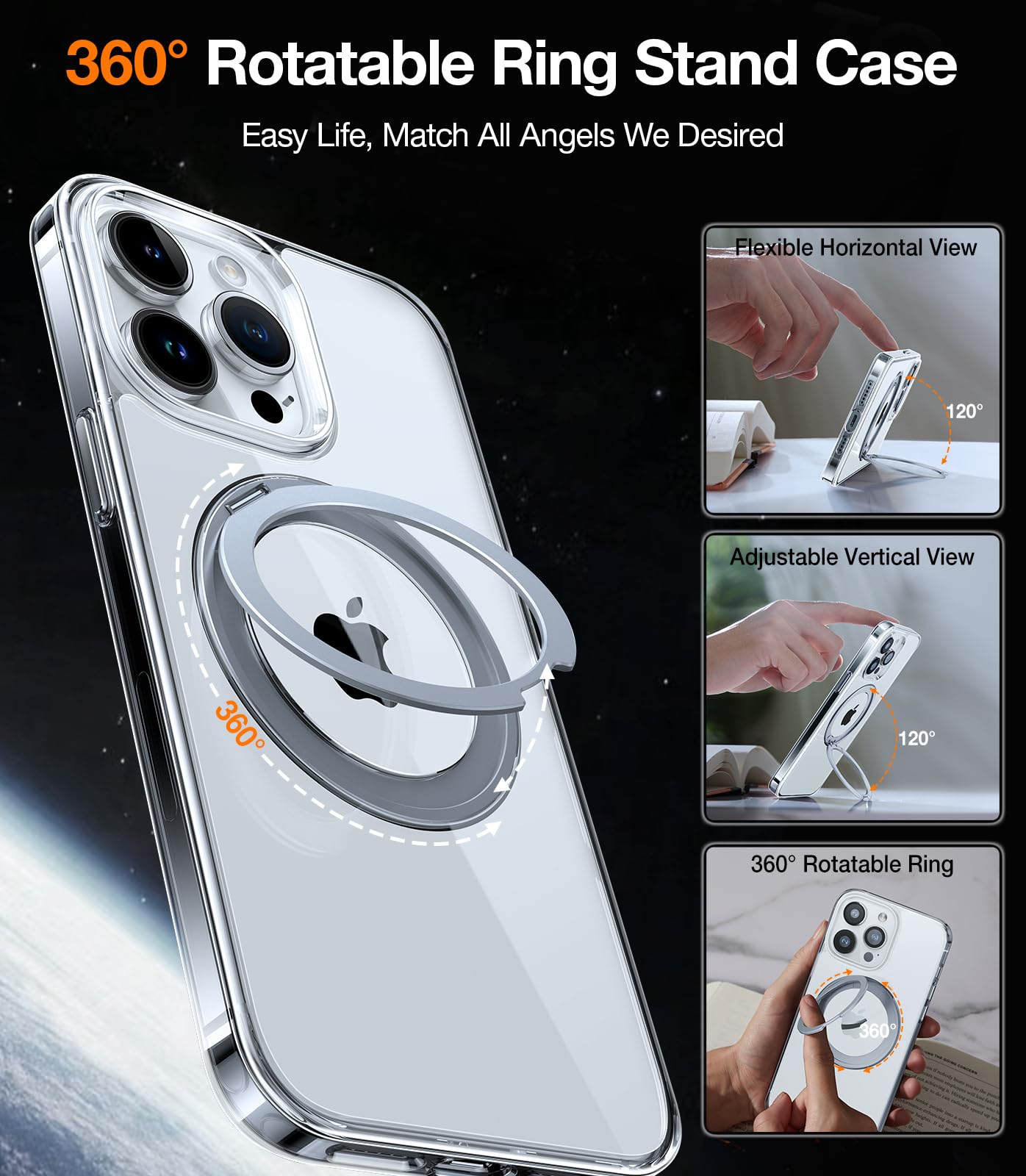 TORRAS 360° Rotatable Ring for iPhone 13 Pro Max Phone Case [Compatible with Magsafe] with Stand, Magnetic Ring Holder Military Grade Shockproof Translucent Back Slim UPRO Ostand Pro,Full Clear