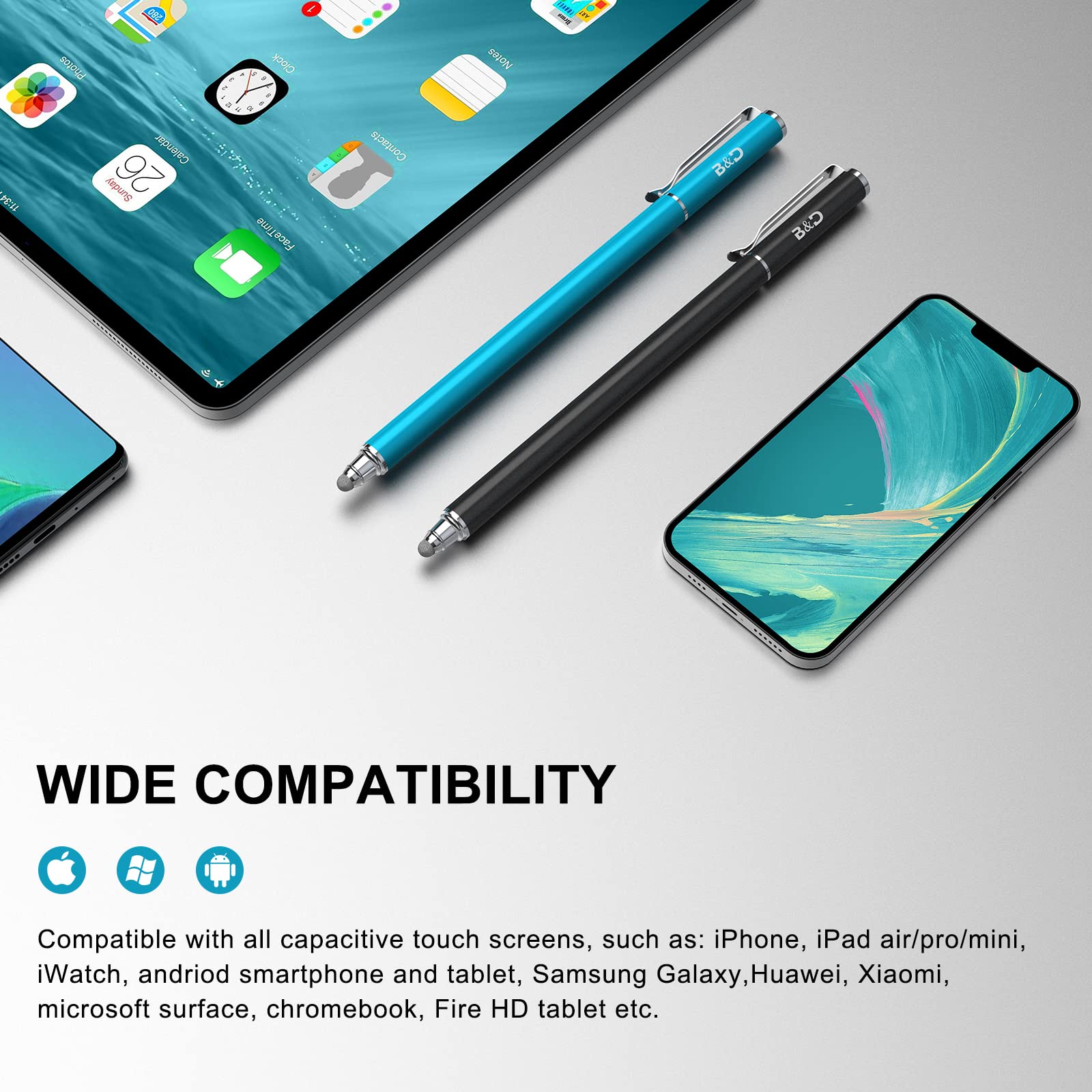 Universal Stylus Pens for Touch Screens - Bargains Depot New 5mm High-Sensivity Dual Fiber Tips Stylus for All Tablets & Cell Phones with 8 Extra Replaceable Tips (4 Pcs, Black/Aqua/Silver/Yellow)