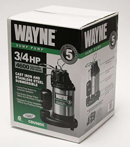 Wayne 58321-WYN3 CDU980E 3/4 HP Submersible Cast Iron and Stainless Steel Sump Pump with Integrated Vertical Float Switch, Large, Silver