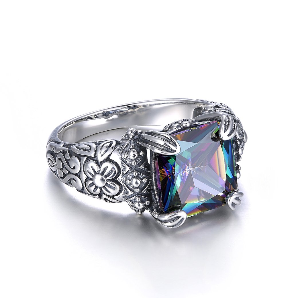 Zetaur 925 Sterling Silver Created Rainbow Topaz Princess Cut CZ Flower Vintage Wedding Engagement Anniversary Statement Eternity Ring