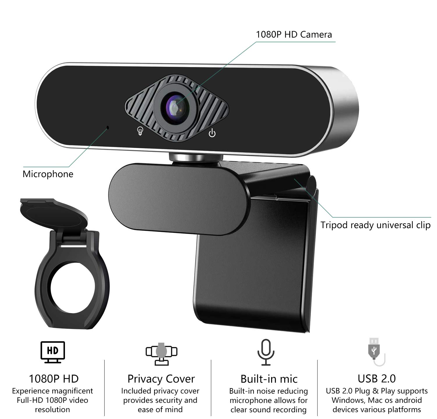 Wennyn Webcam 1080P HD with Microphone & Privacy Cover, USB Web Cam with Live Streaming HD Video for Mac, PC, Computer and Laptop, Wide Angle Lens 1080P Web Camera with 360 Degree Flexible Mount