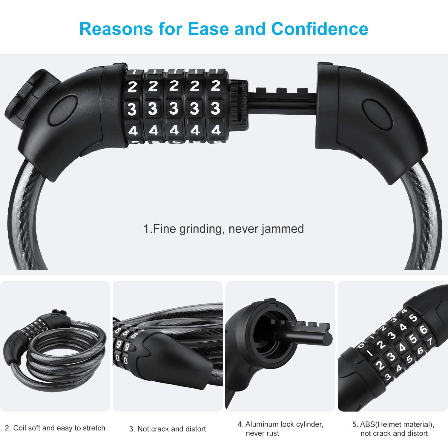 VLTAWA Bike Lock with Mounting Bracket, 4 ft Bike Lock Cable, 1/2 in Diameter High Security Bicycle Lock, 5 Digit Resettable Bike Locks with Combinations (Lightweight, 1.2mx12mm) (Black)