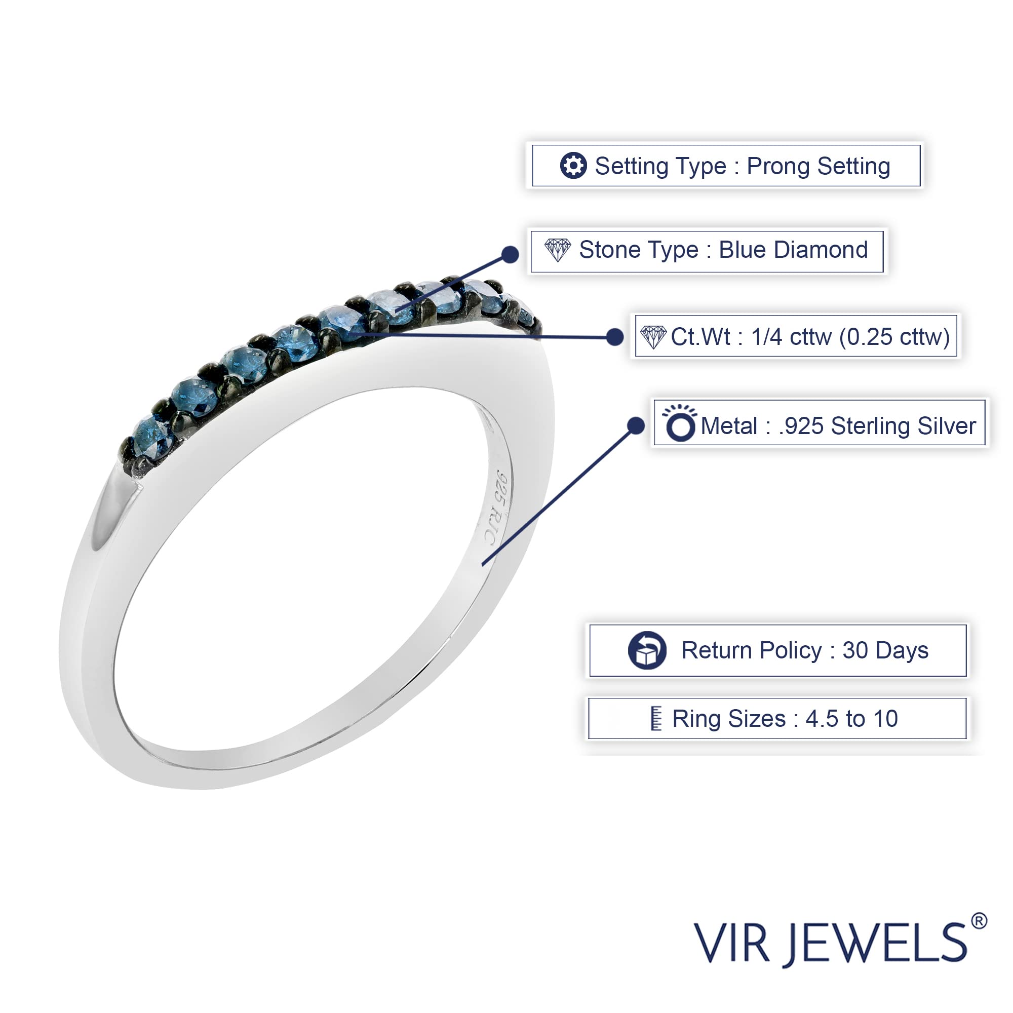 Vir Jewels 1/4 cttw Blue Diamond Ring Wedding Band .925 Sterling Silver Prong Set Round Size 8