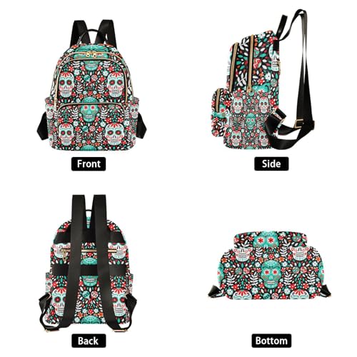 Yasala Halloween Women Backpack Sugar Skull Cute Flower Blue Travel Bag Compact Daily Bag Diaper Bag
