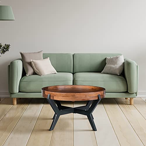 The Urban Port 30-Inch Industrial Round Acacia Wood Tray Coffee Table with Flared Metal Legs