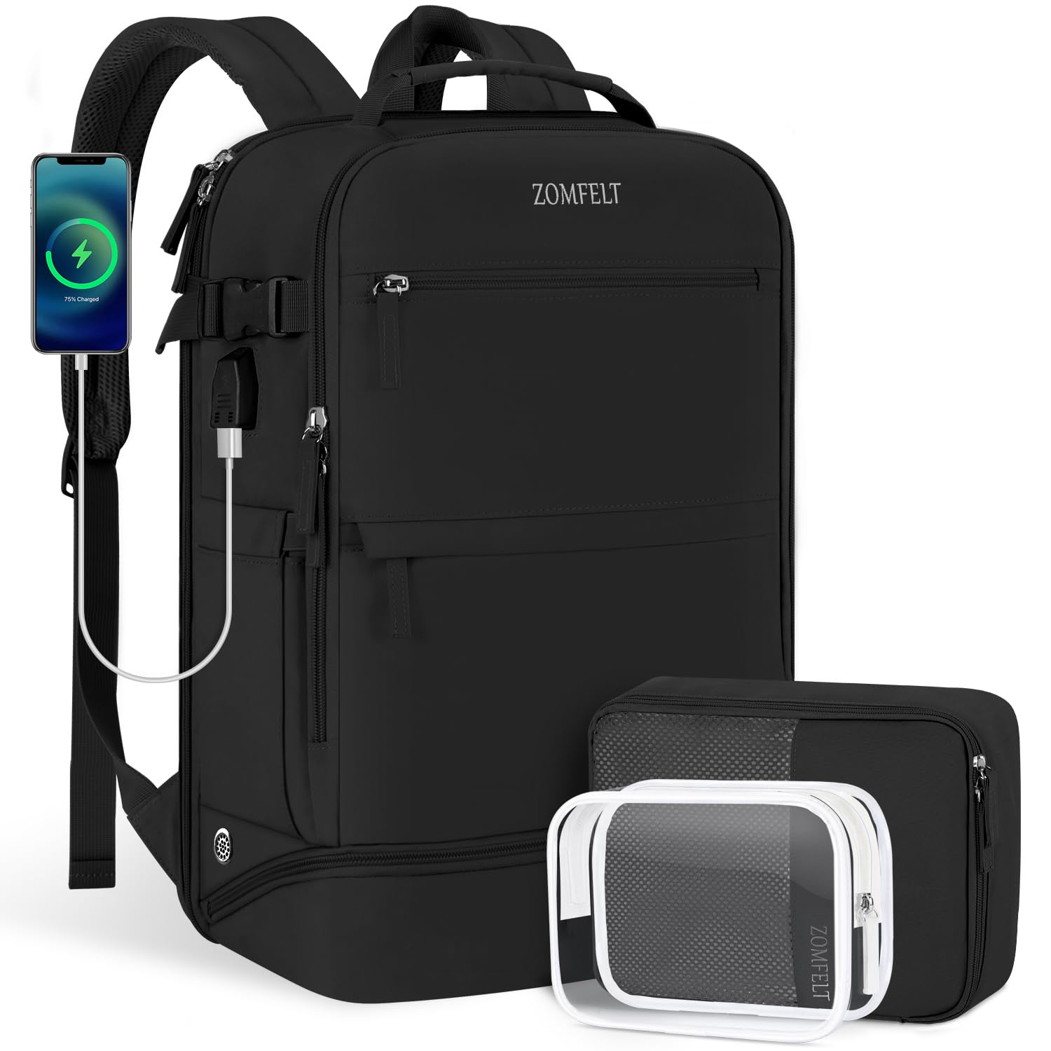 ZOMFELT Travel Backpack, Carry on Backpack Flight Approved with Shoes Compartment, 17.3 Inch Laptop Backpack with USB Charging Port, Waterproof Hiking Backpack Casual Bag for College Travel Work,Black