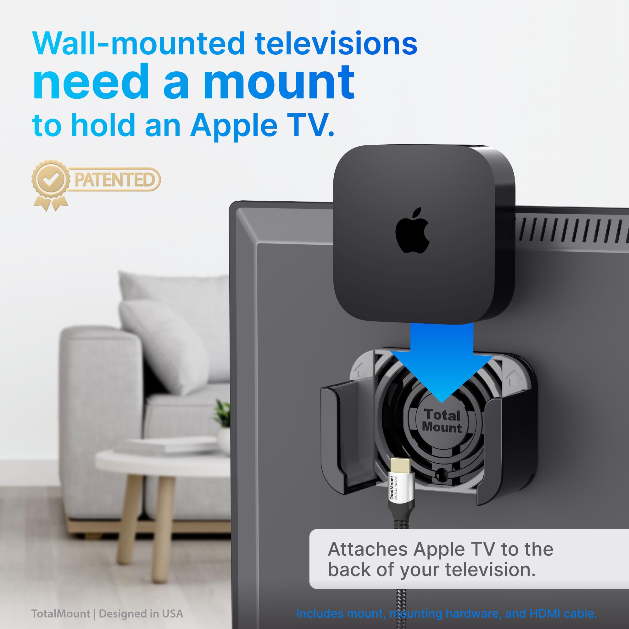 TotalMount for Apple TV β Mount Compatible with All Apple TVs (Premium Black and Gray Apple TV Mount and Cable)
