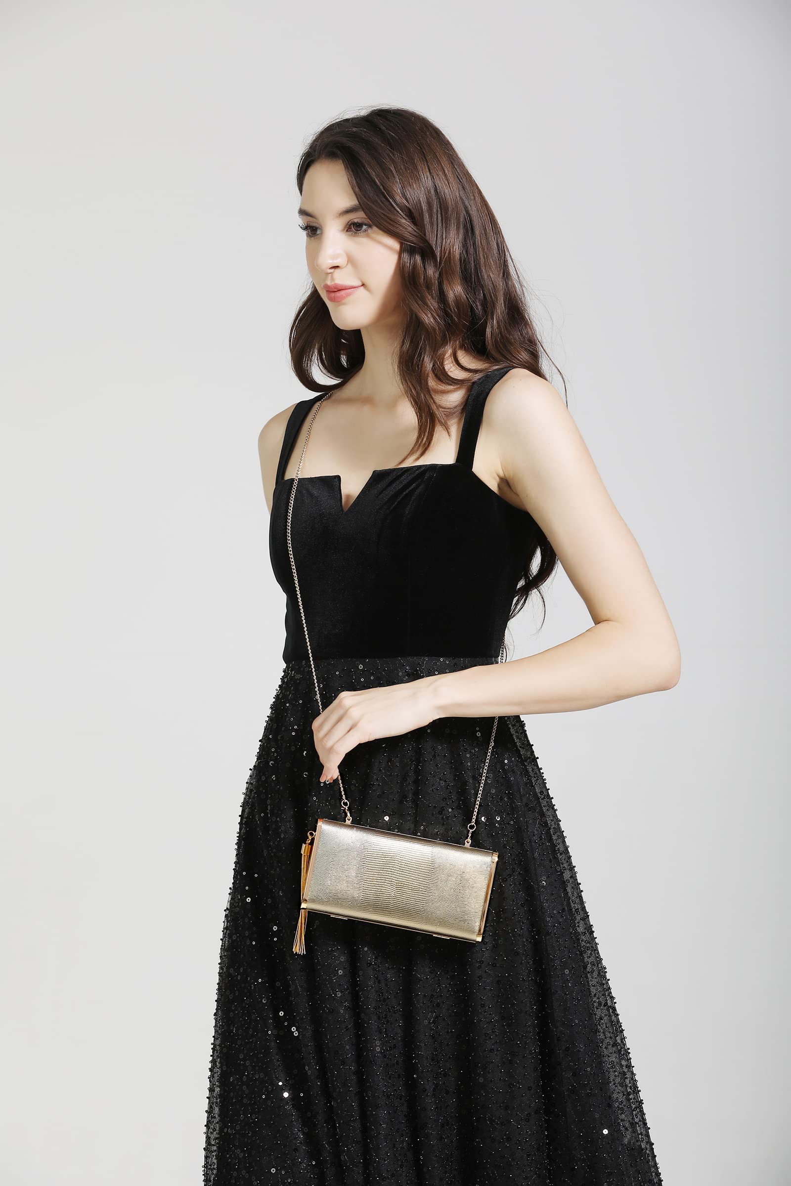 Women Gold Clutch Purse Small Box Sparkly Evening Bag in Hardcase with Metallic Tassel for Party Wedding with Gift Packing