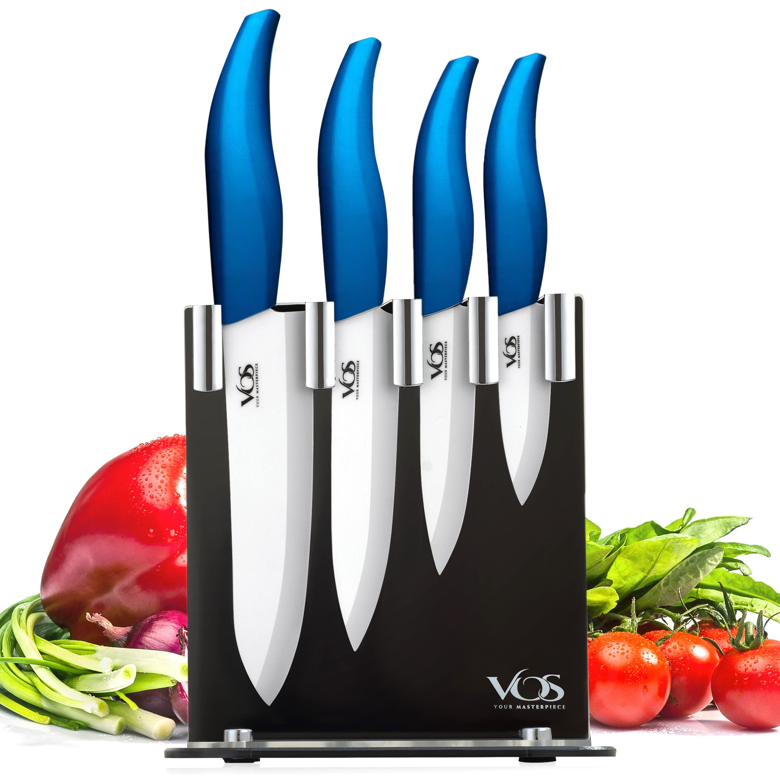 Vos Ceramic Knife Set With Block, Ceramic Knives Set For Kitchen, Ceramic Kitchen Knives With Holder, Ceramic Paring Knife 3", 4", 5", 6" Inch Blue