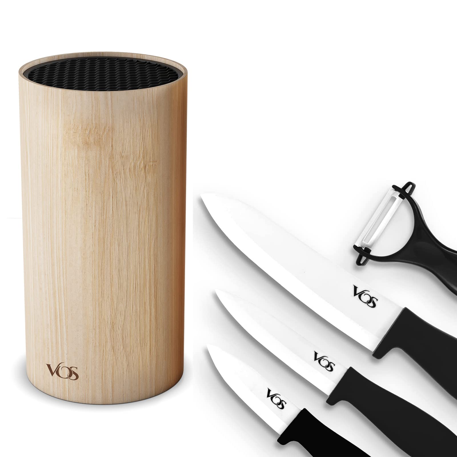 Vos Universal knife Block and Ceramic Kitchen Knives With Peeler, Ceramic Paring Knife 3", 4", 6", Inch Black