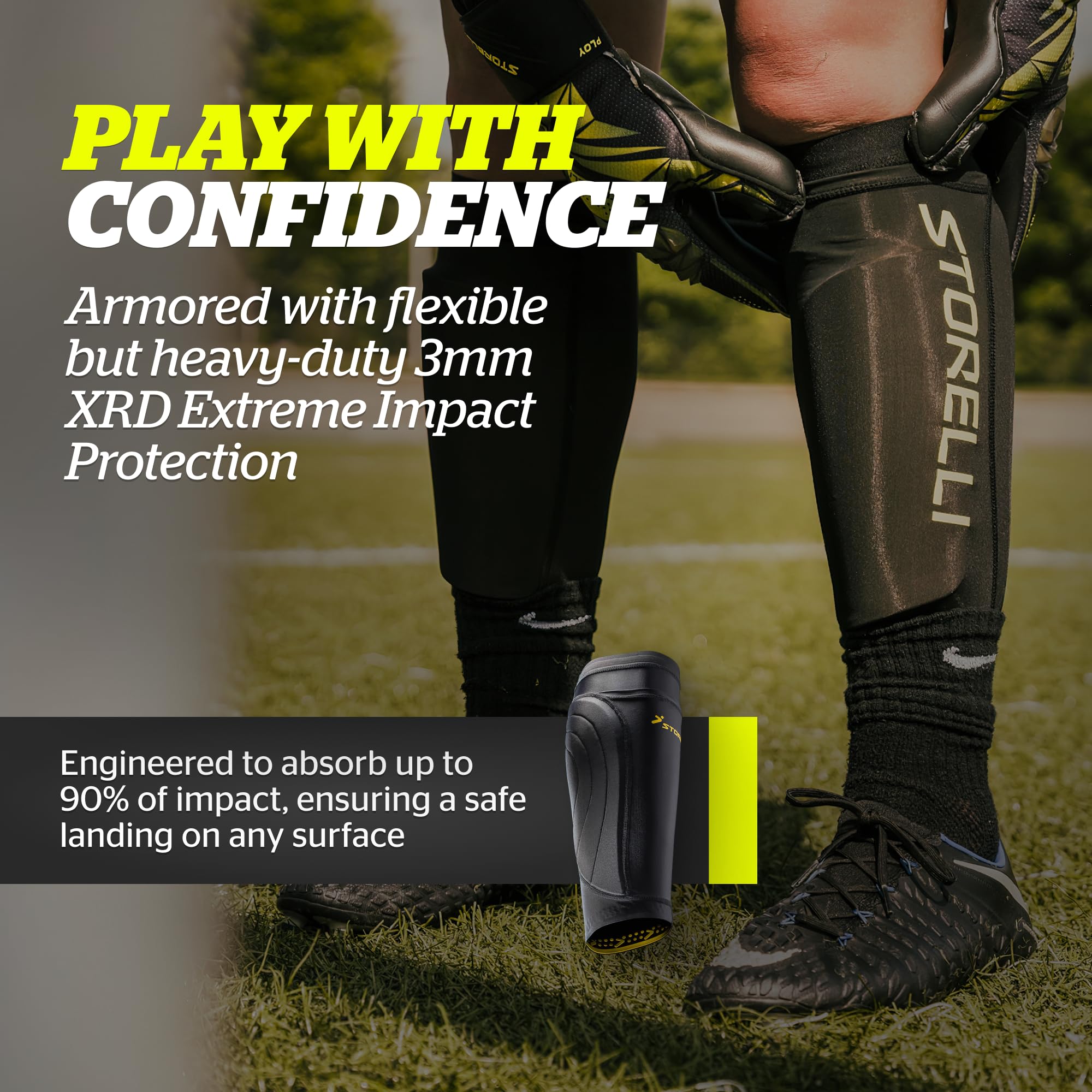 Storelli BodyShield Leg Sleeves, Compression Soccer Shin Guard Holders, Breathable, Sweat-Wicking, Impact Protection, Black, 1 Pair