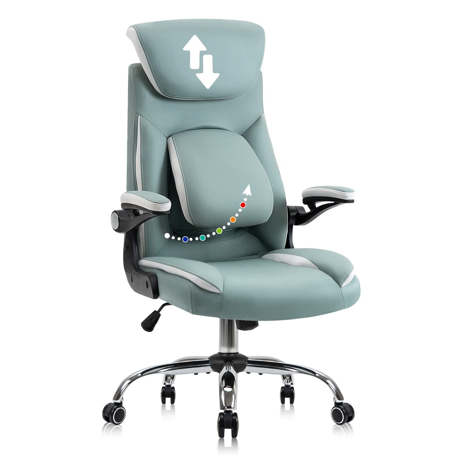 YAMASORO Ergonomic Home Executive Office Chair with Flip-up Armrests and Lumbar Support, High Back Desk Chair Computer 360 Swivel Adjustable PU Leather for Adults and Teens, Morandi Green