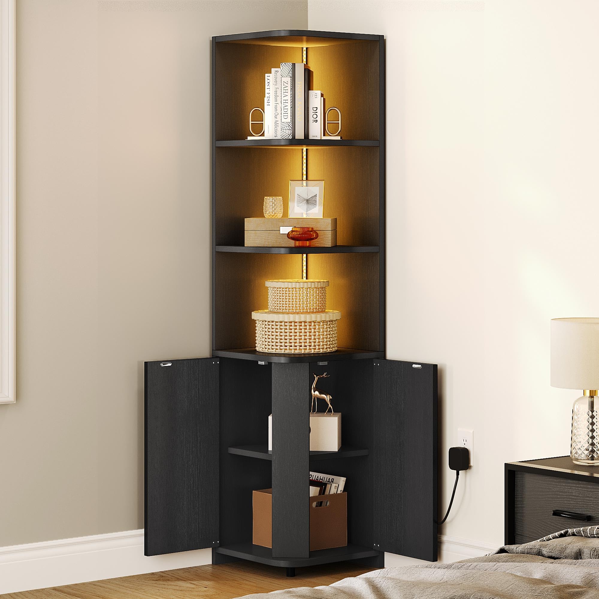 YITAHOME Corner Cabinet with LED Lights, 71.1β Corner Bookshelf and Bookcase with Storage, Modern Display Corner Shelf for Living Room, Bedroom, Dining Room, Kitchen, Charcoal Gray (1 PC)