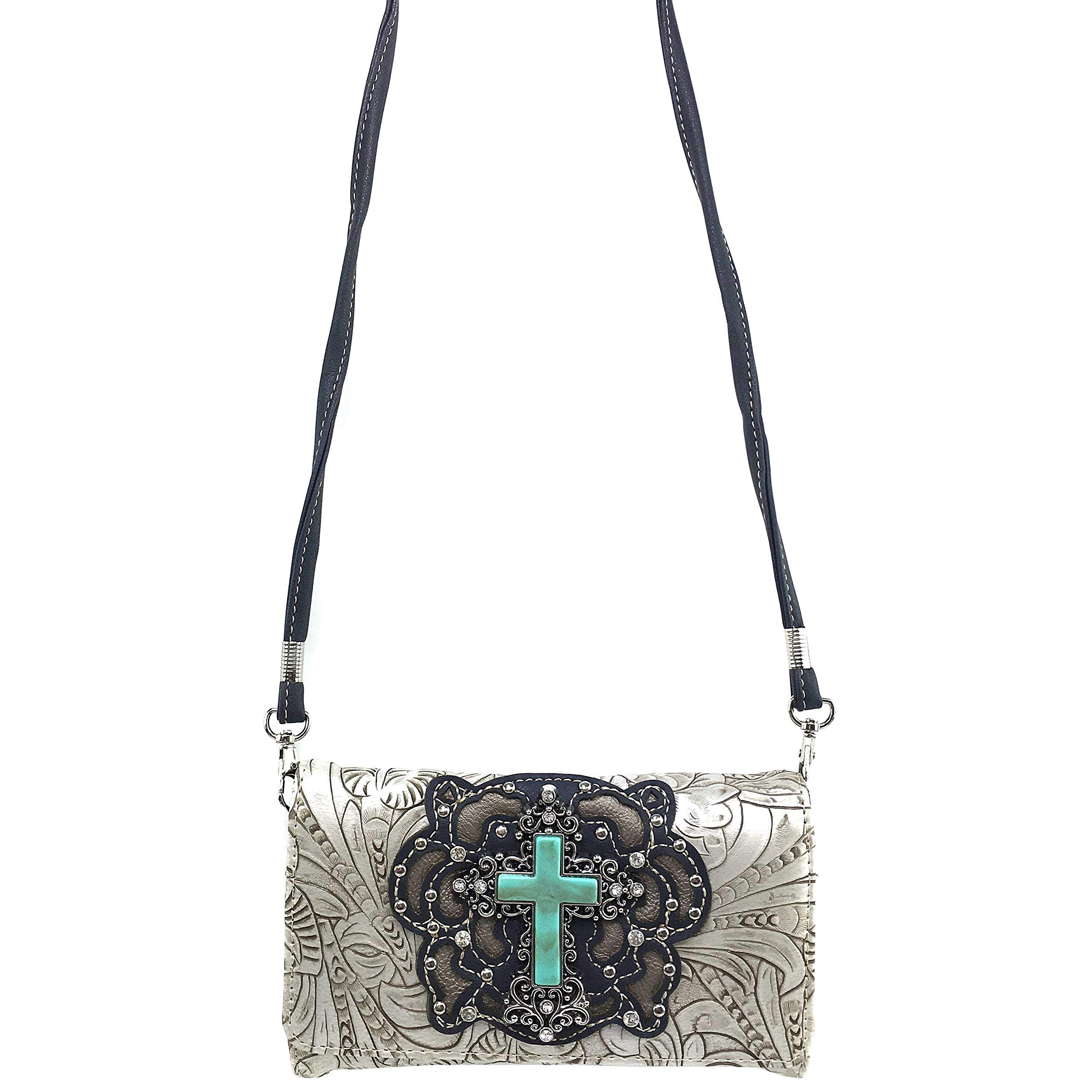 Zelris Western Turquoise Rhinestone Cross Women Conceal Carry Handbag Wallet Set (Silver)