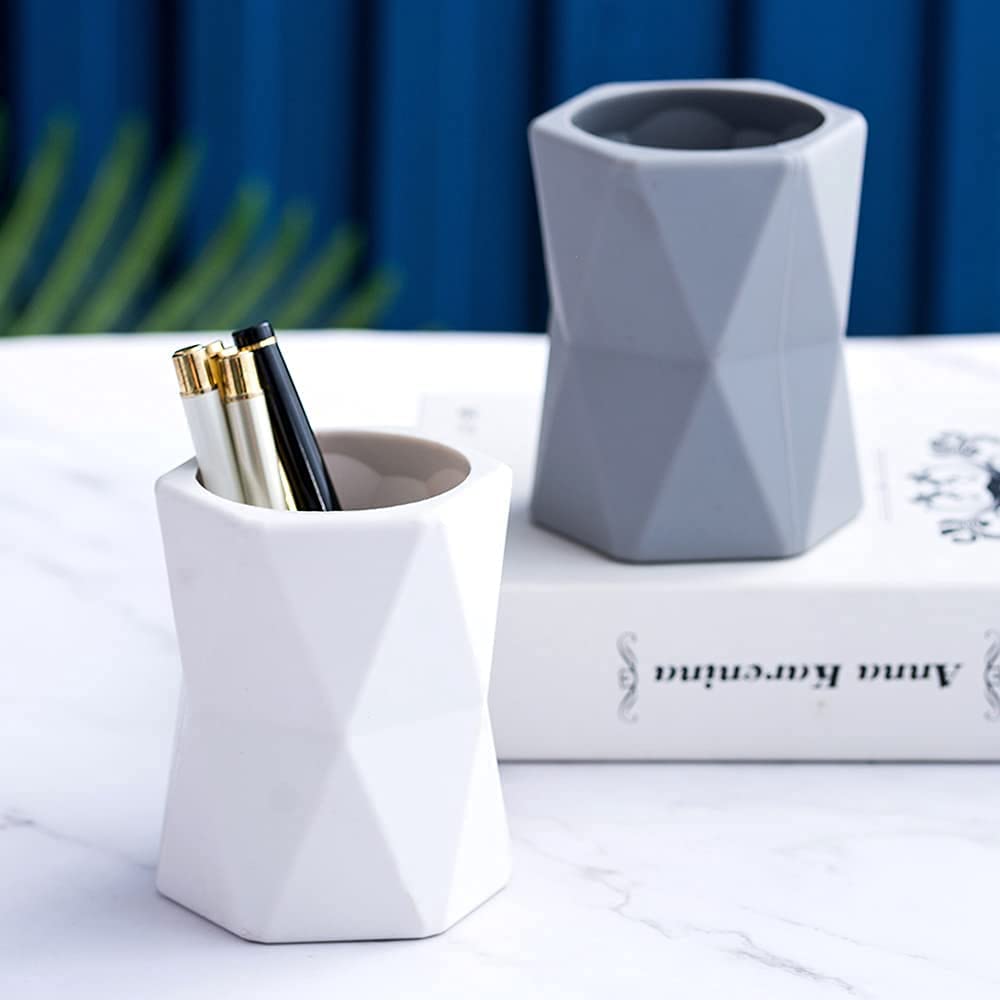 YOSCO Silicone Pencil Holder for Desk Cute Geometric Pen Cup Pot Stand for Desktop Organizer Makeup Brush Holder (White)