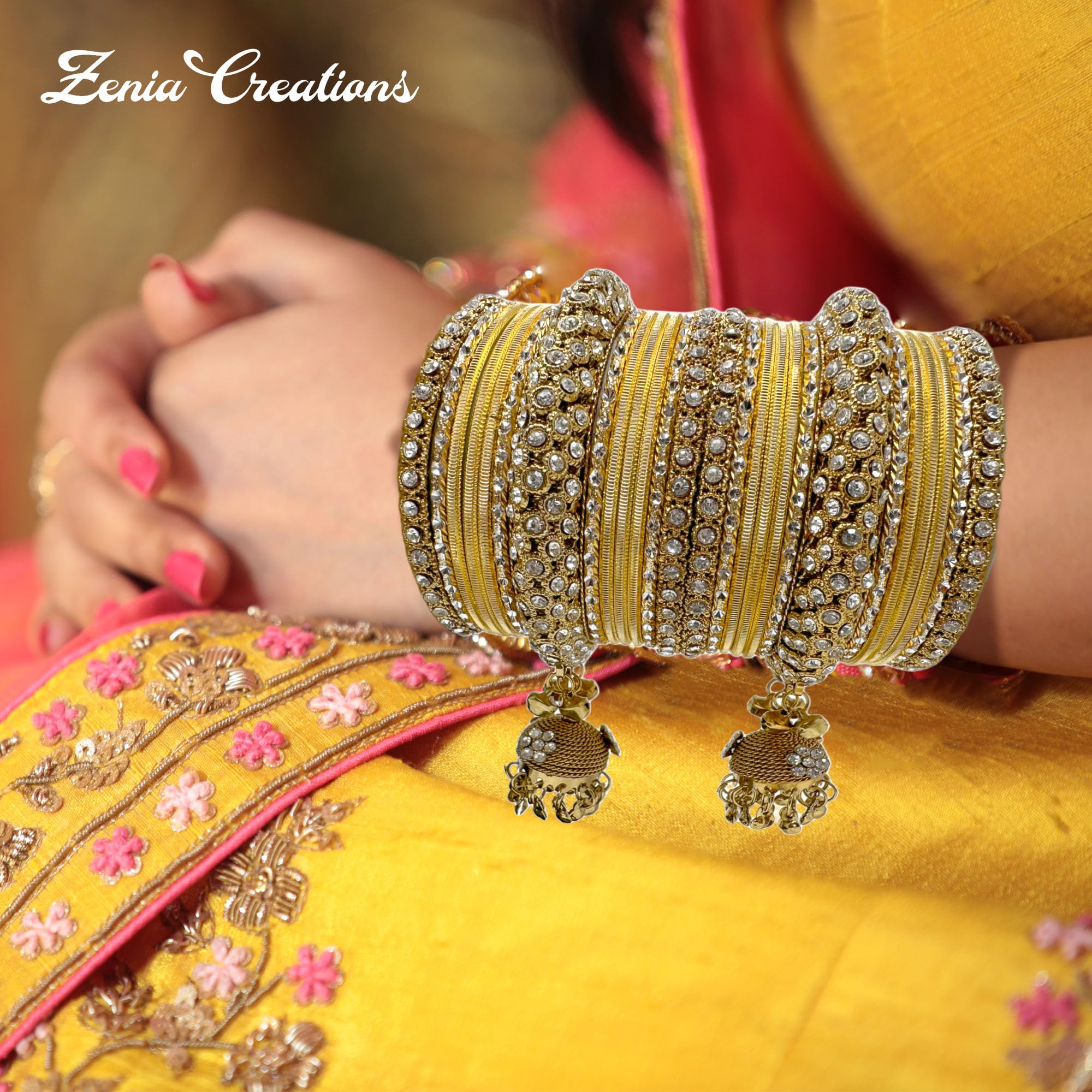 Zenia Creations Indian Bollywood Style Metal Bangle Set with Rhinestones - 26 Piece Bangles Set - with Jhumka, Multiple Sizes, Jewelry Model: 1149 (Gold, 2.8)