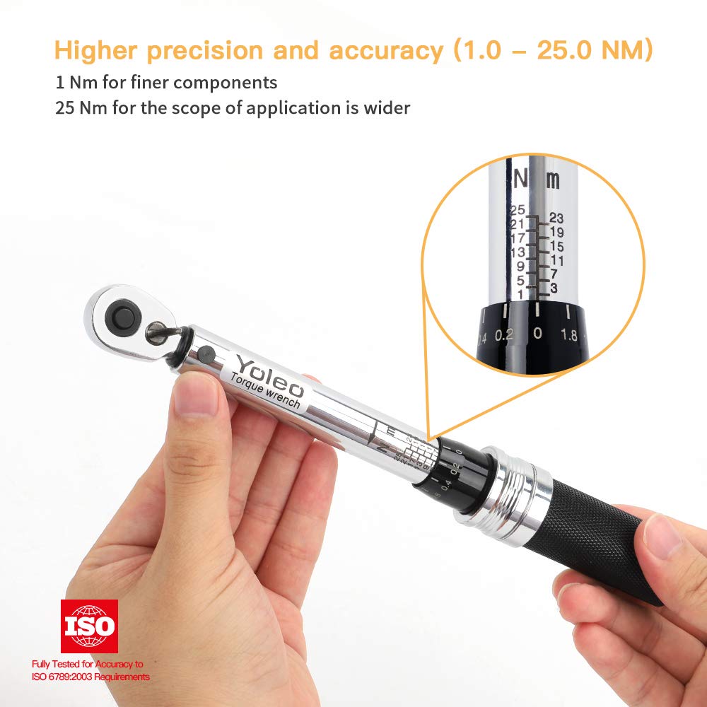 YOLEO 1/4 Inch Drive Click Torque Wrench Set, 1-25 Nm/ 9-221 in.-lb., Aluminum, Silver, Black