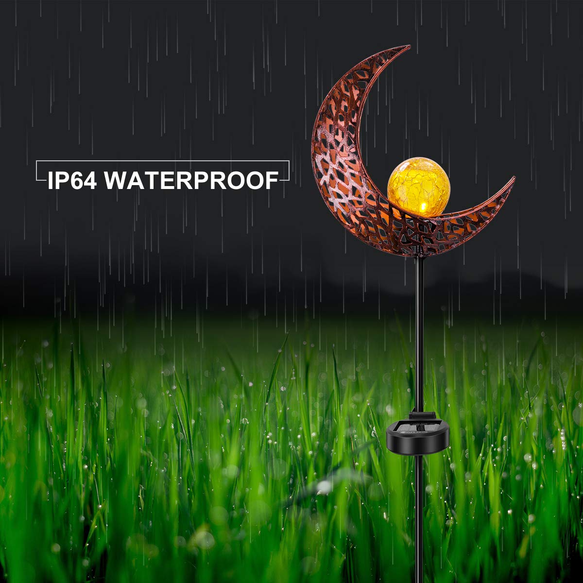 YUNLIGHTS Garden Solar Lights Pathway Outdoor Moon Crackle Glass Globe Stake Metal Lights,Waterproof Warm White LED for Lawn,Patio or Courtyard