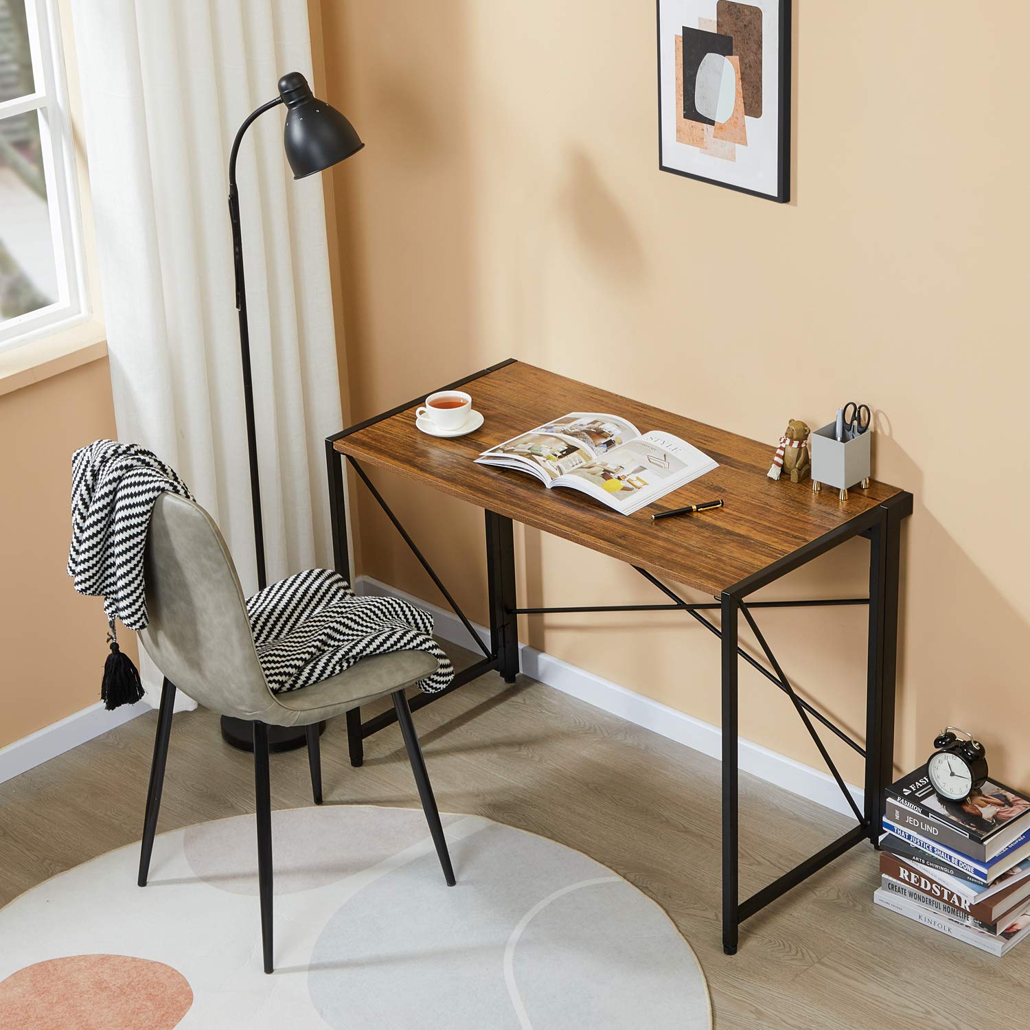 WOHOMO Folding Computer Desk No Assembly Small Desk 39β Study Writing Desk for Small Spaces Foldable Table Walnut