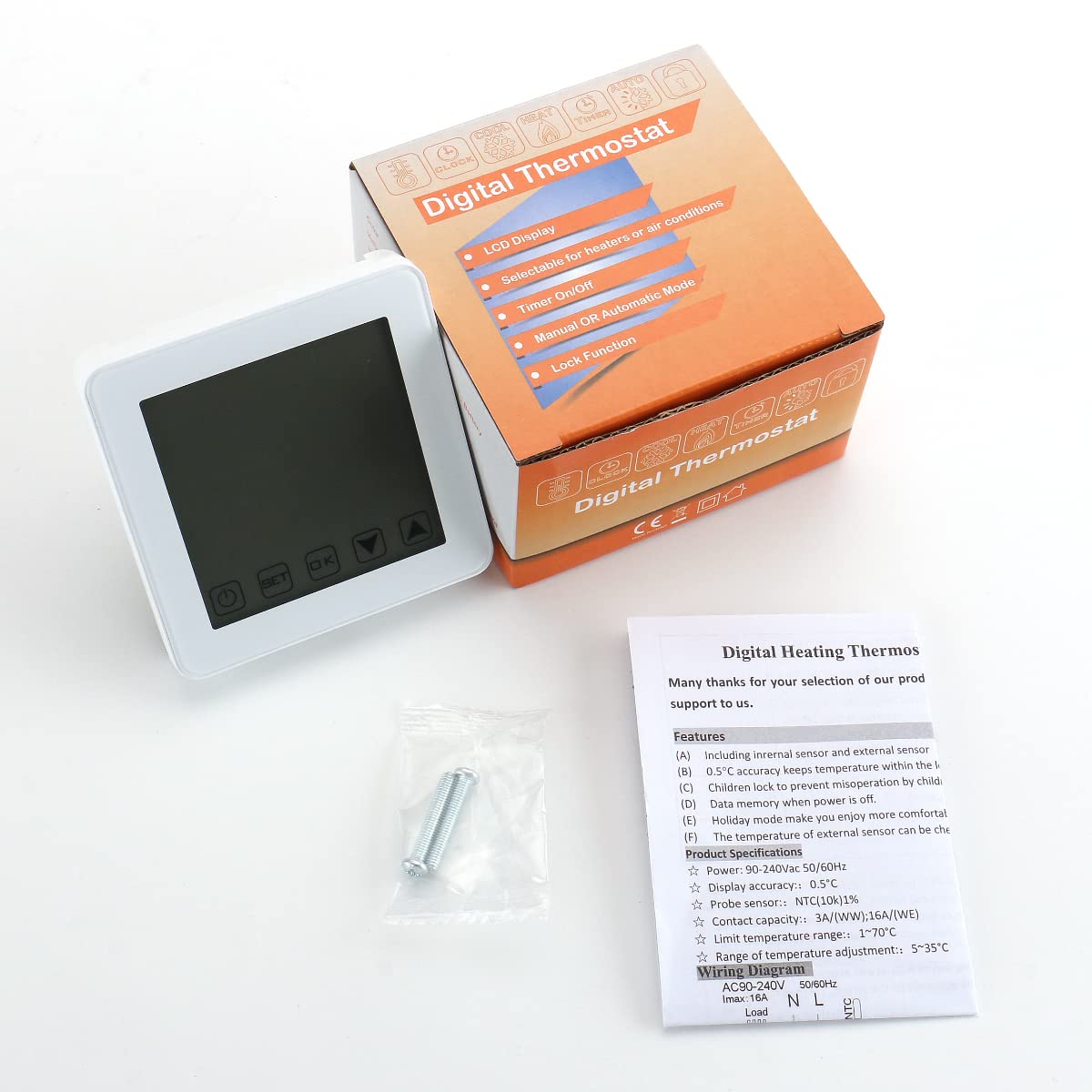 Wengart Programmable House Thermostat Programmable WG08,AC90-240V Max3A Touch Screen Digital LCD Display Work for Radiant Floor Heating Link Gas Boiler Blue Backlight