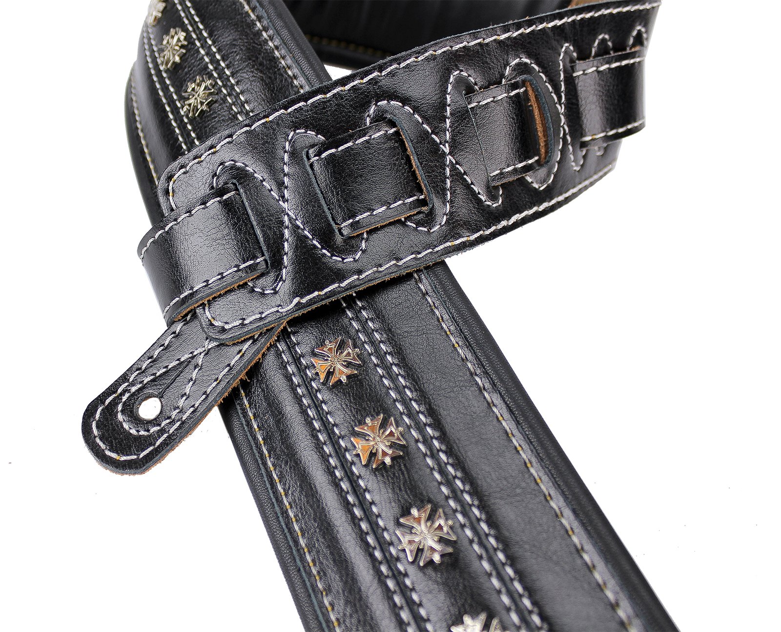 Walker & Williams C-35-BLK Smooth Texture Premium Black Full Grain Leather Soft Padded Guitar Strap with Metal Crosses For Acoustic, Electric, And Bass Guitars