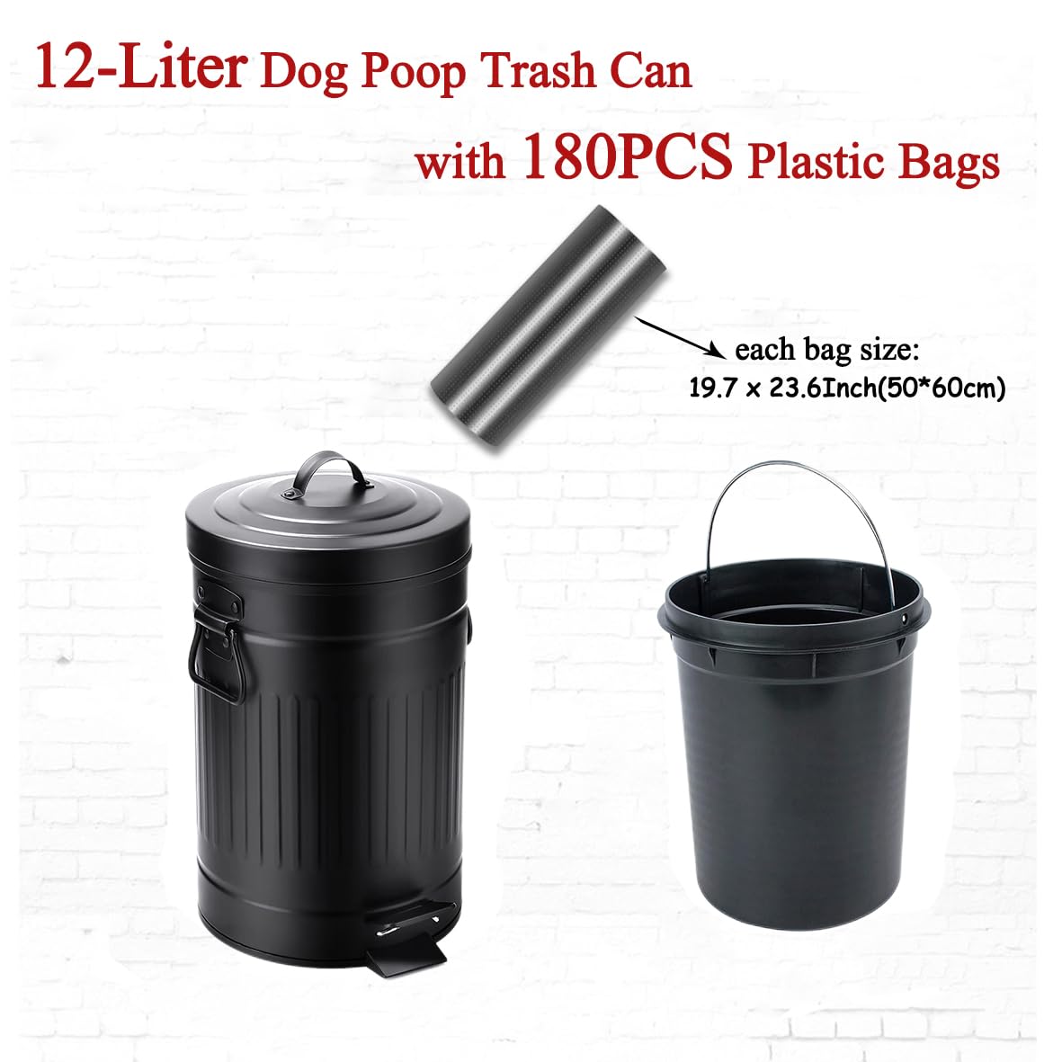 Umtiti Dog Poop Trash Can with Lid for Outdoors,12-Liter Trash Can with 180PCS Black Plastic Bags, Pet Waste Container,Black-Y+180BK