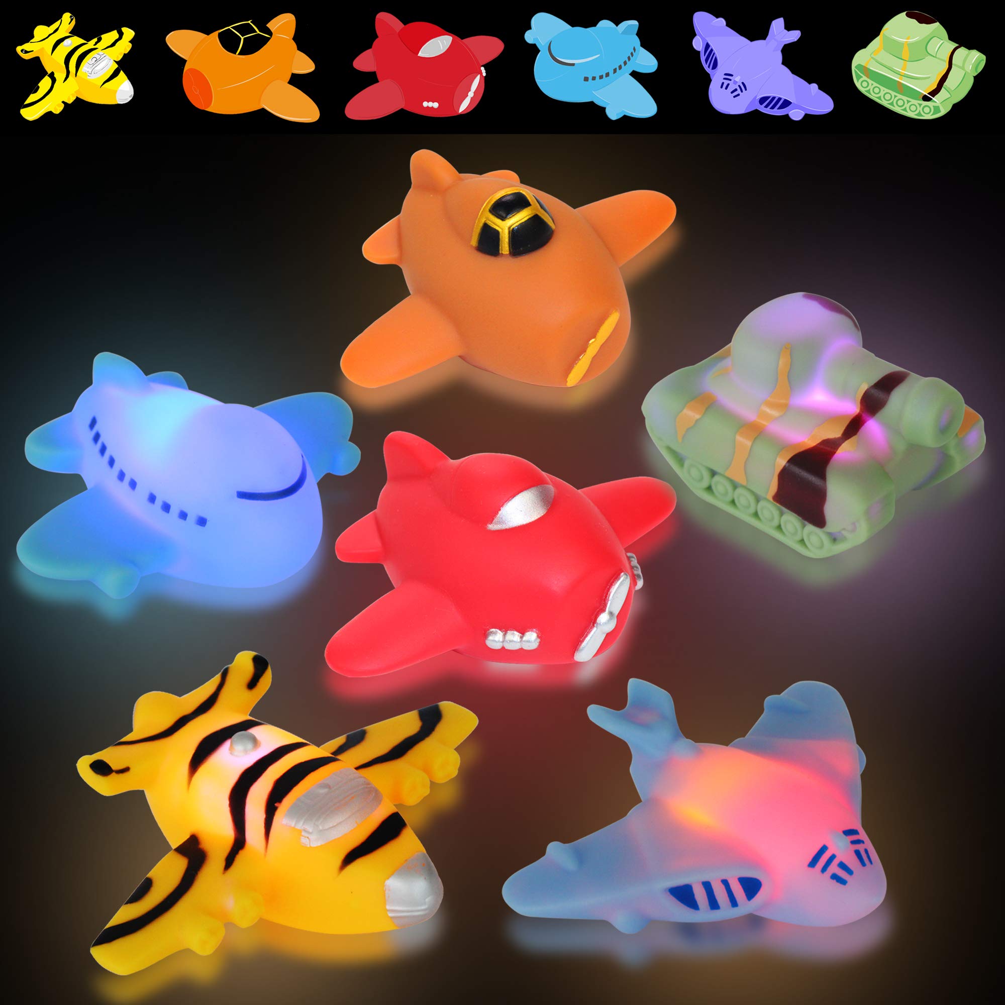 yoliyogo Floating Plane Toy with Auto Flashing Airplane and Tank Model Bath Floaties Play Set 6 pcs