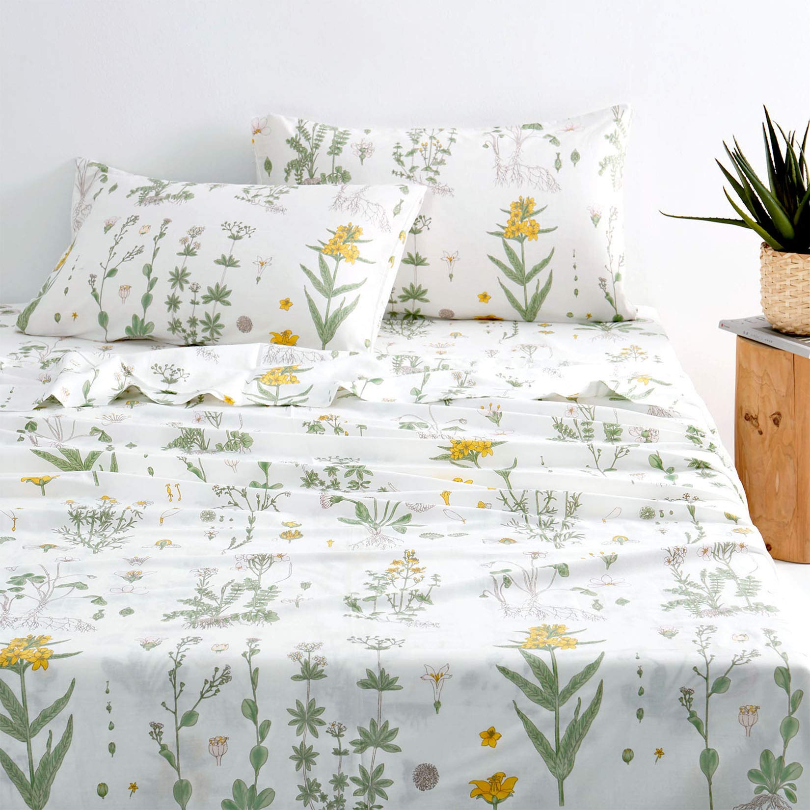 Wake In Cloud - Botanical Bed Sheets, 100% Cotton, 4-Piece Sheet Set, Cute Floral Shabby Chic Cottagecore Coquette Flower Aesthetic Bedding, Deep Pocket, Yellow Green, Full Size
